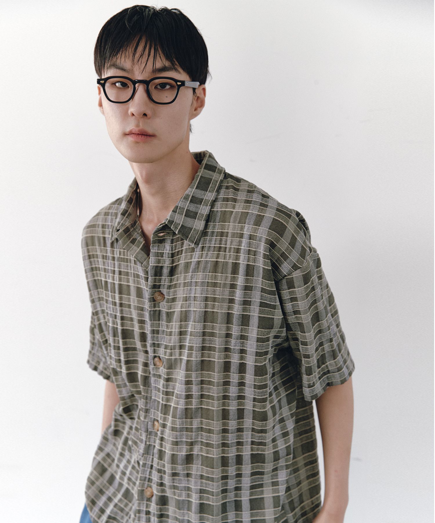 MUSINSA | BALLUTE WRINKLE HALF SLEEVE COLLAR CARDIGAN (OLIVE CHECK)