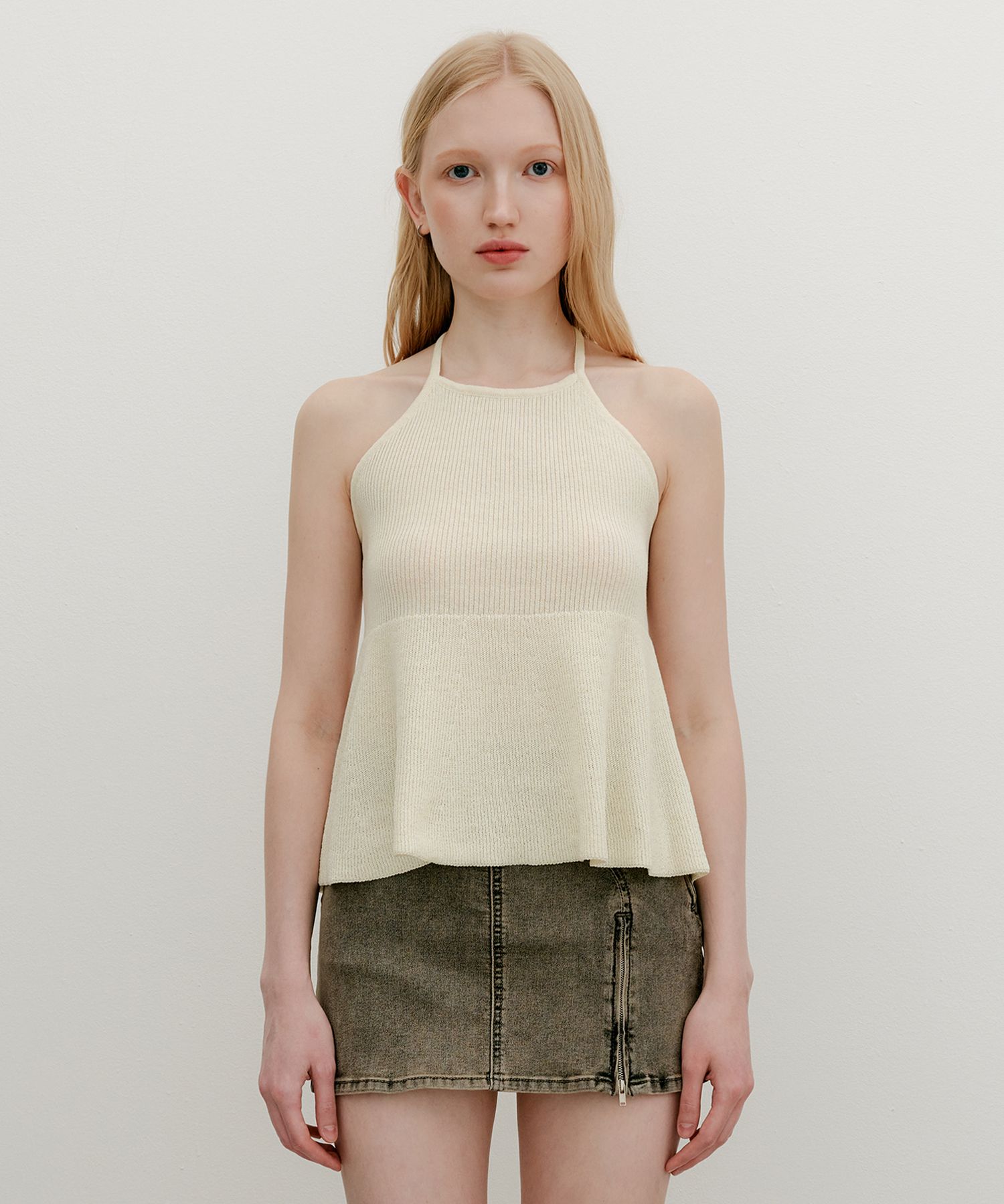 MUSINSA | YUSE LINEN HALTER RUFFLE KNIT TOP - LIGHT YELLOW
