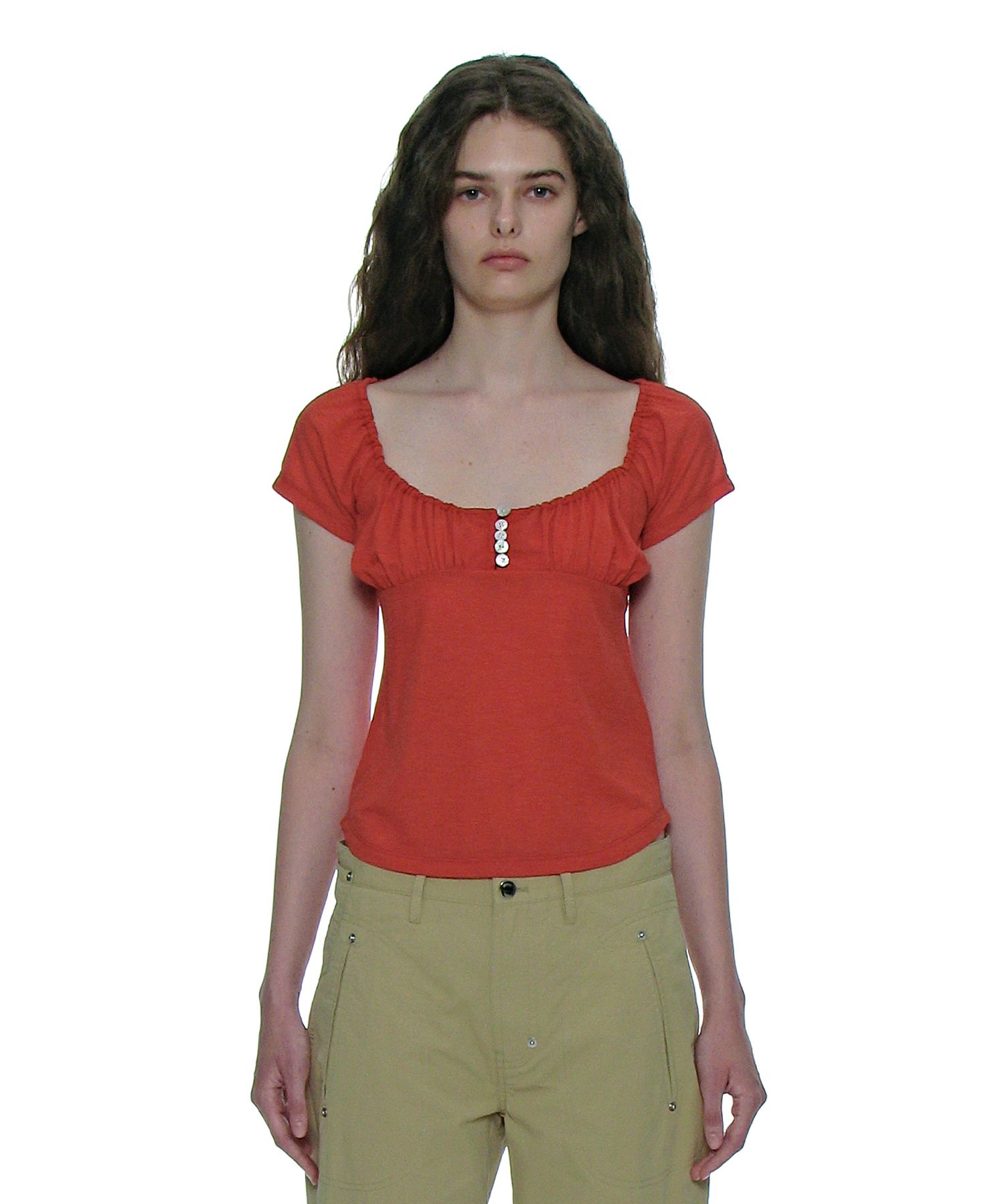 MUSINSA | PARTIMENTO WOMEN Button-Up Gathering Top_Coral