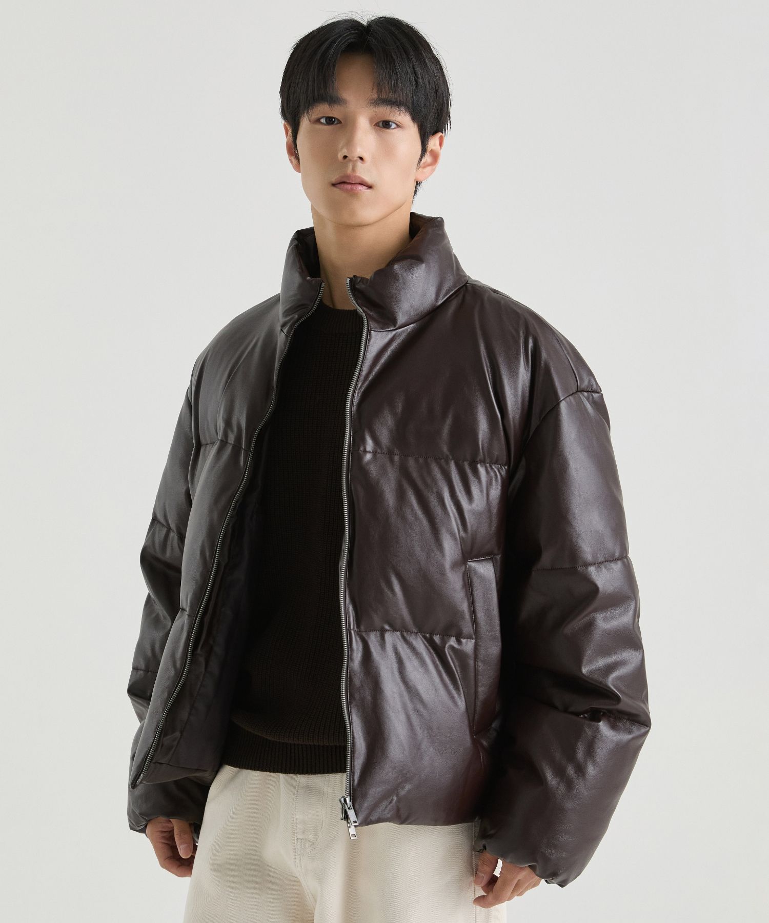 MUSINSA | MUSINSA STANDARD Synthetic Leather Puffer Short Padded Jacket [Brown]
