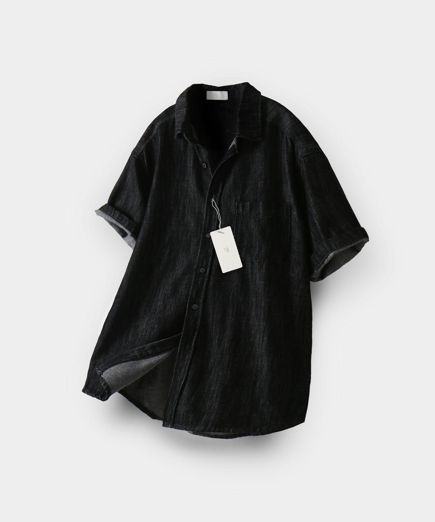 MUSINSA | MOOD INSIDE Stitch Washed Slavic Denim Half Shirt_Black