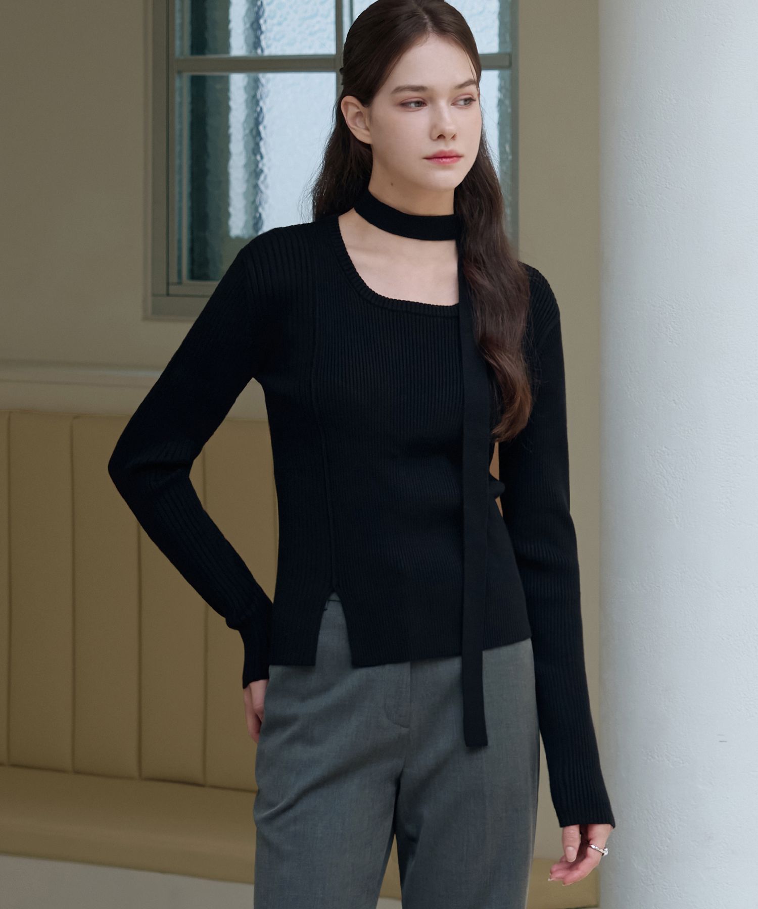 MUSINSA | DRAWFIT WOMEN Two face slit ribbed knit top [BLACK]