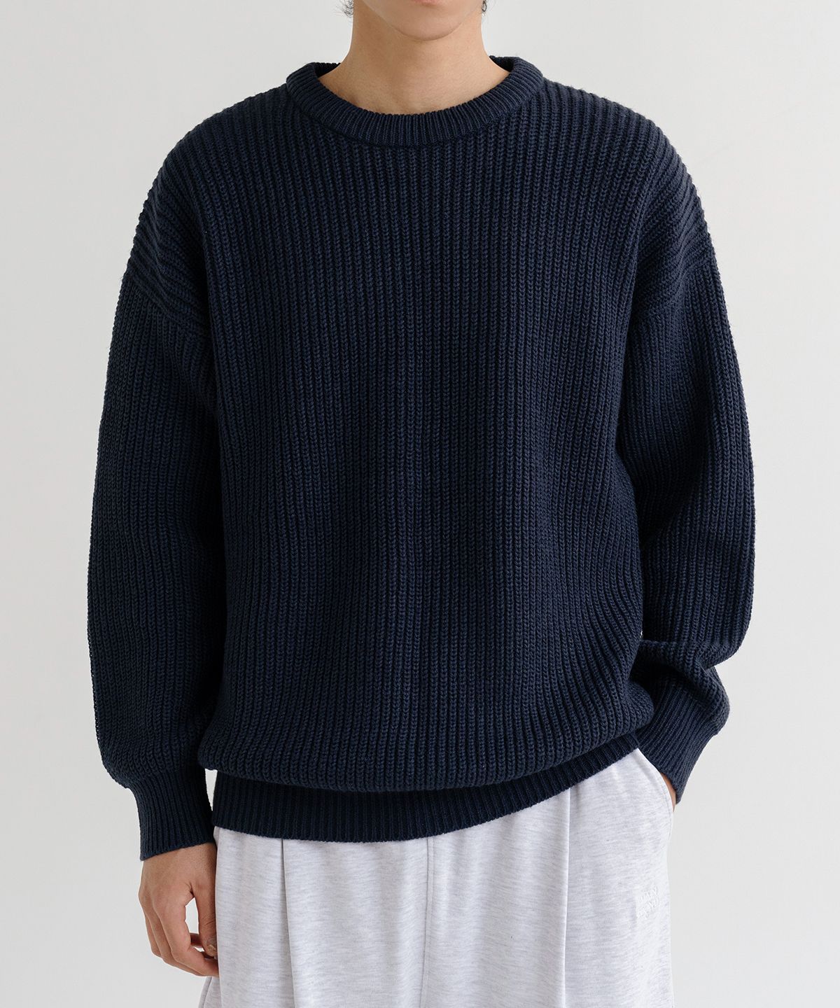 MUSINSA | LEMAIN SECOND Overfit volume washable crew neck hachi knit [navy]
