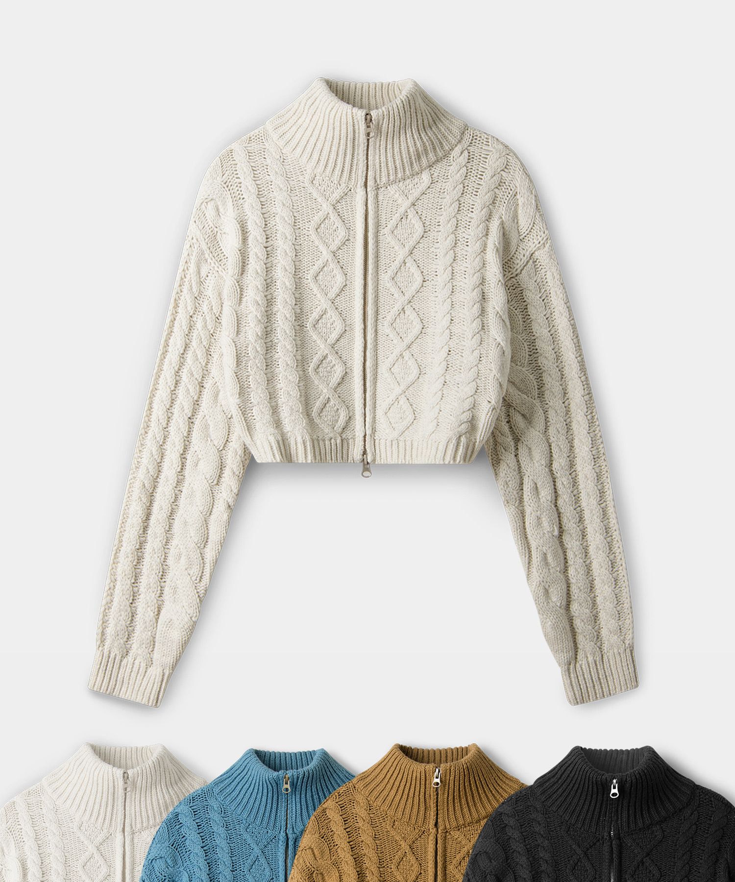 MUSINSA | PLACE STUDIO Turtleneck cable knit two-way cropped collar zip-up cardigan _ 4COLOR