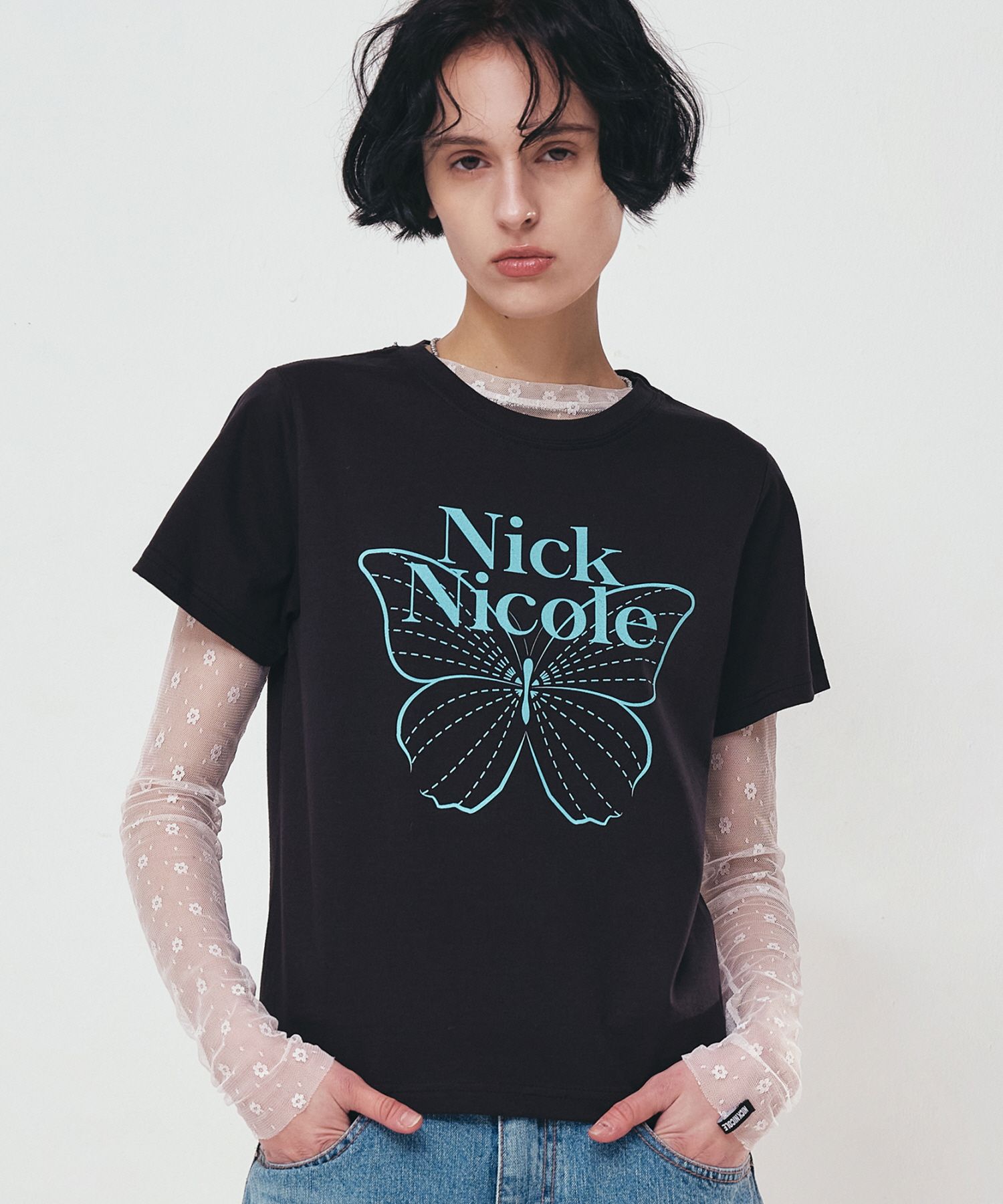 MUSINSA | NICK&NICOLE BUTTERFLY NICOLE LABEL SLIM TOP_BLACK SKYBLUE