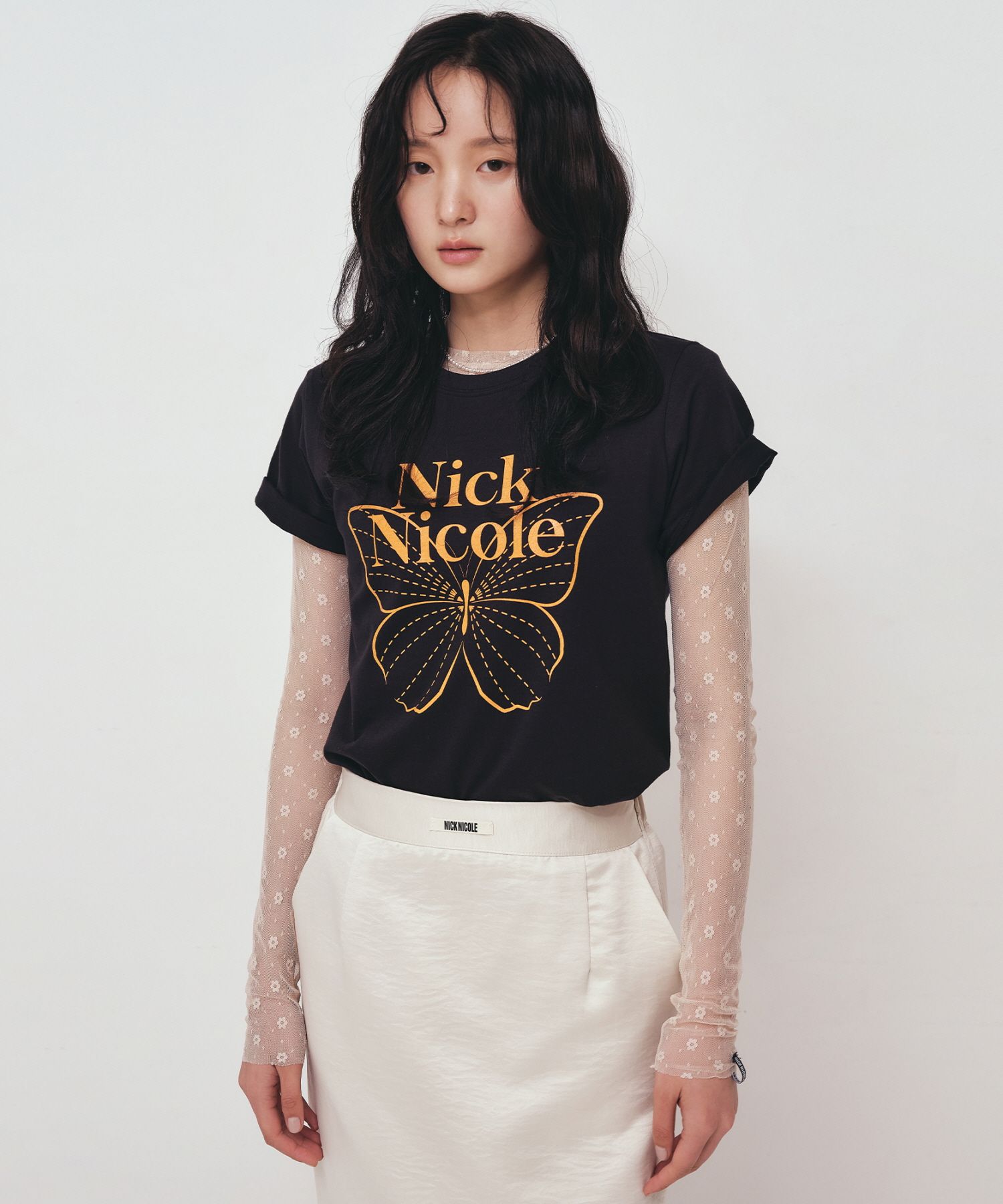 MUSINSA | NICK&NICOLE BUTTERFLY NICOLE LABEL SLIM TOP_BLACK ORANGE