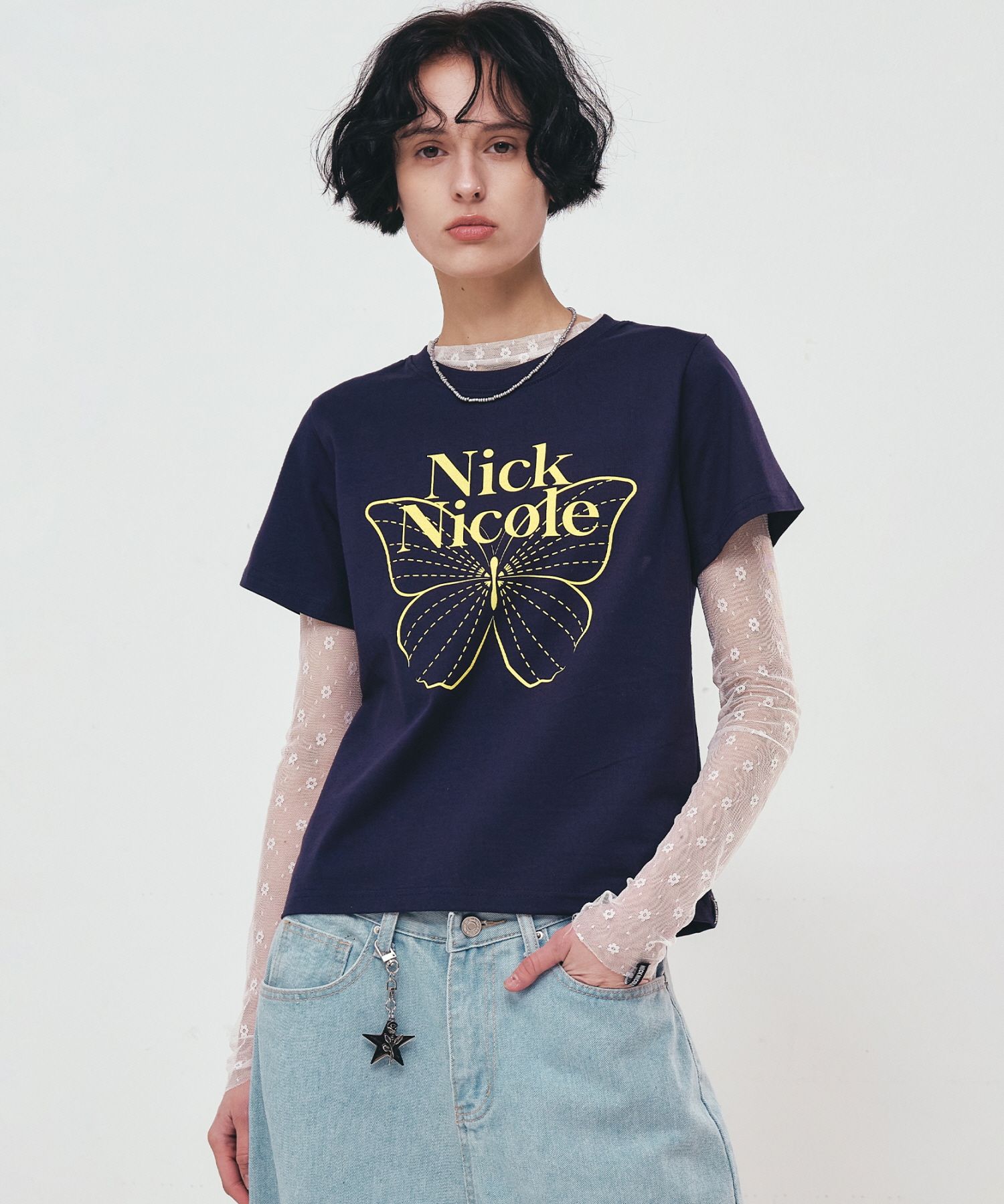 MUSINSA | NICK&NICOLE BUTTERFLY NICOLE LABEL SLIM TOP_NAVY YELLOW