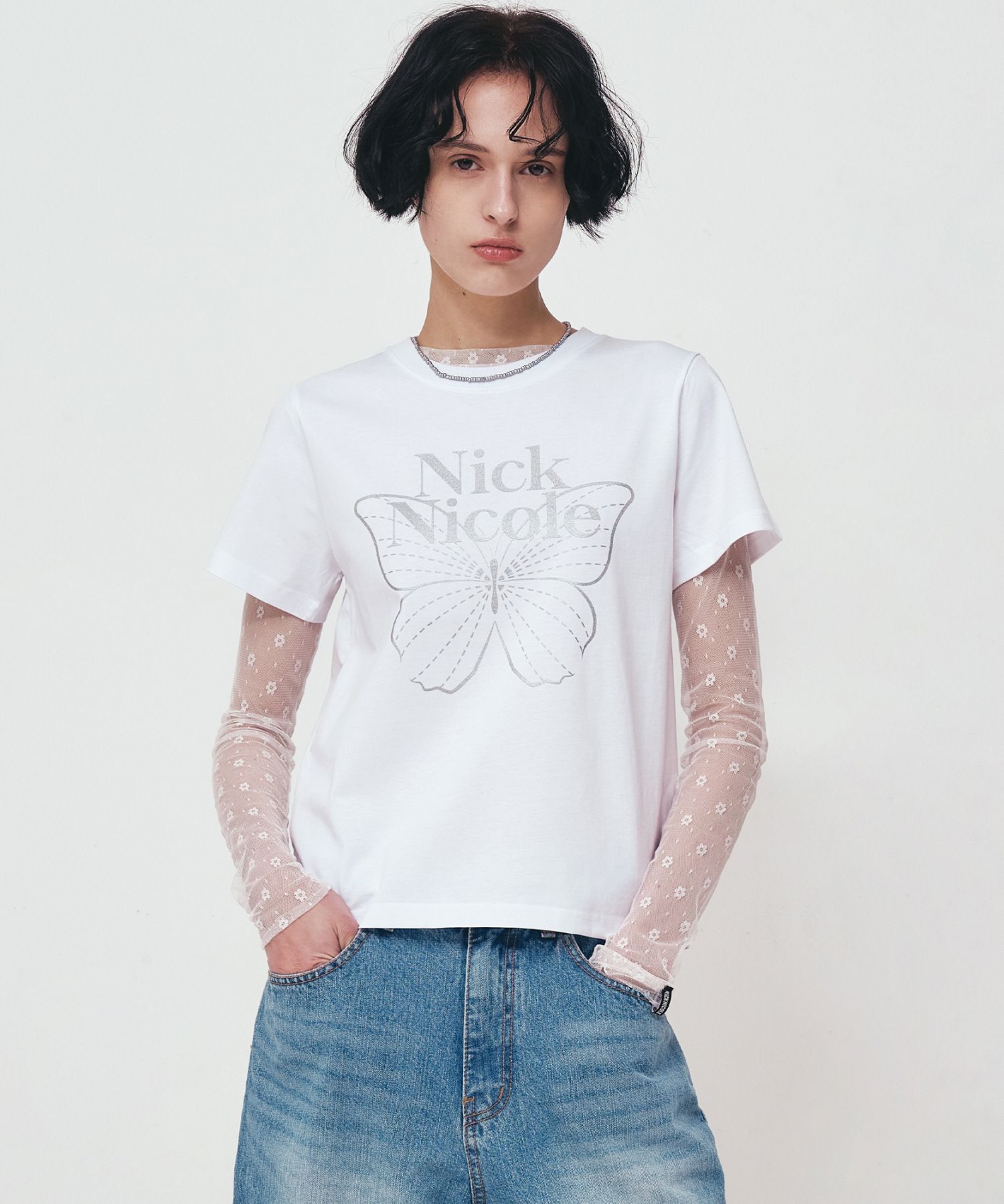 MUSINSA | NICK&NICOLE BUTTERFLY NICOLE LABEL SLIM TOP_WHITE SILVER