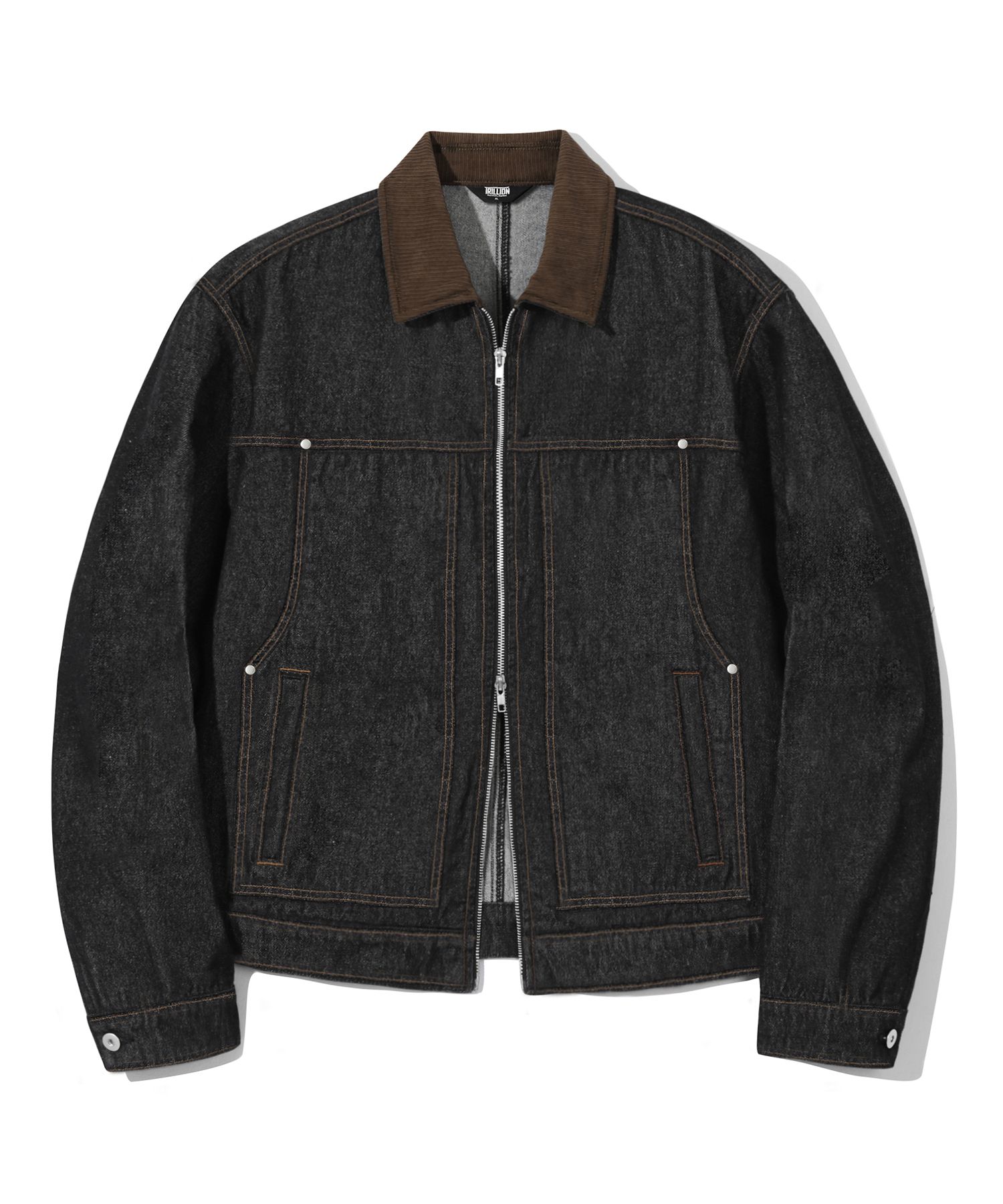 MUSINSA | TRILLION Corduroy Collar Denim Zip-Up Work Jacket (BLACK)