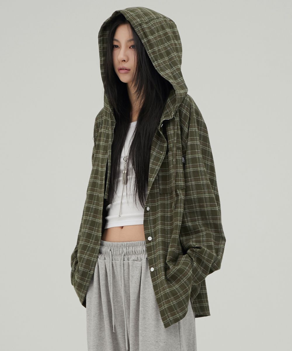 MUSINSA | ACOVER No.02 Vintage Nerd Over Hood Check Shirt Khaki