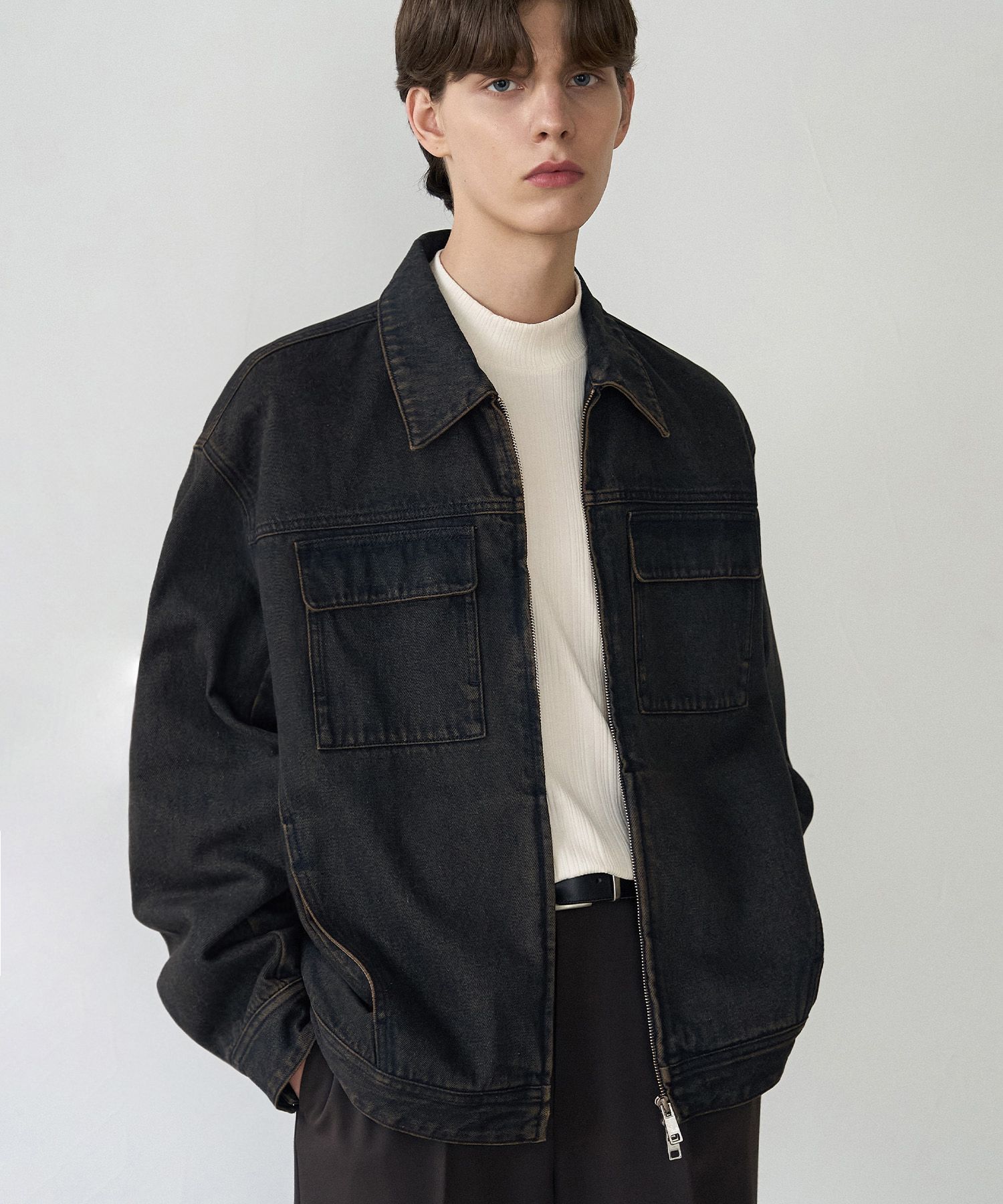 MUSINSA | DRAW FIT CONSIZED WASHED POCKETS DENIM JACKET [MAHOGANI BLUE]