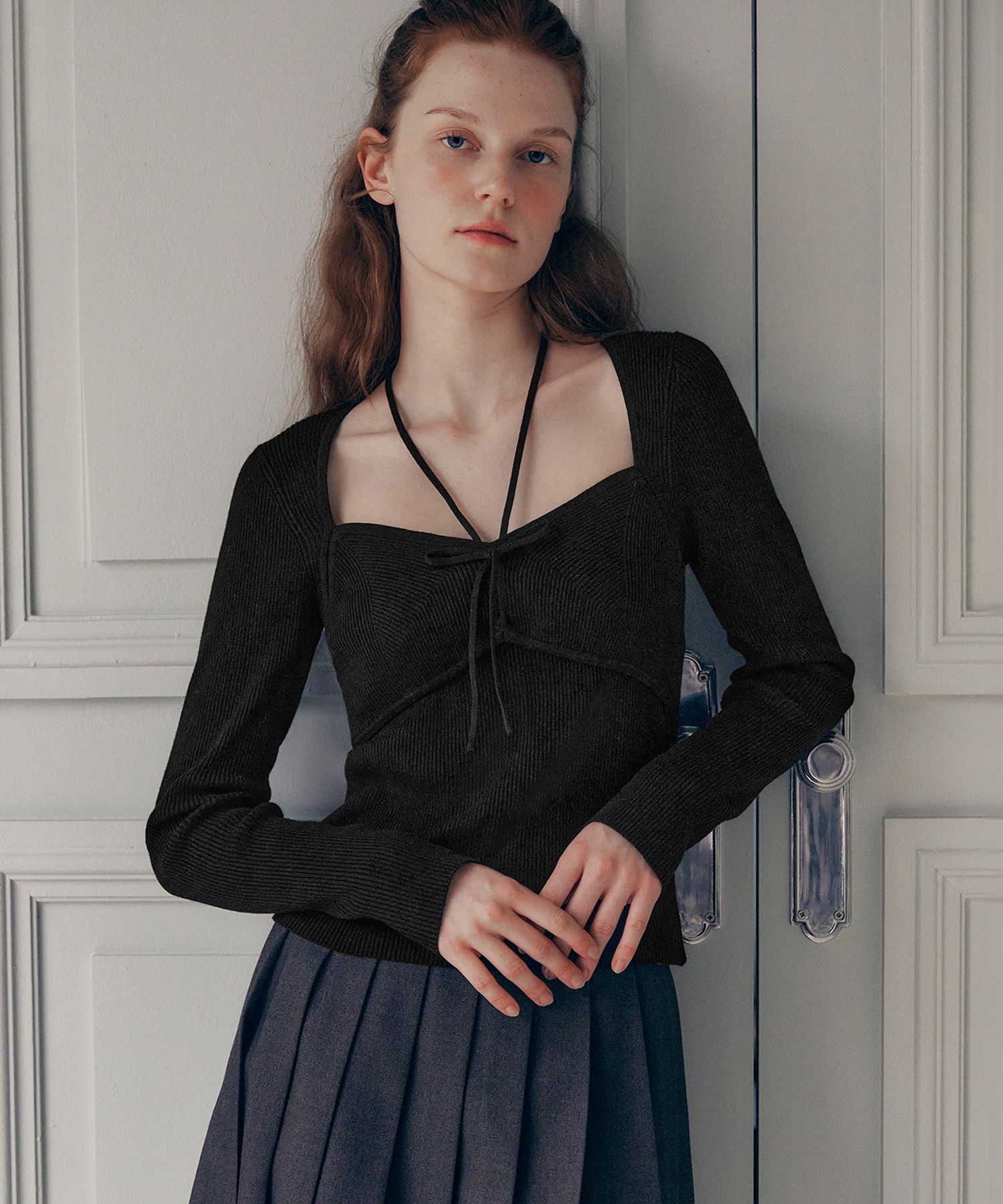 MUSINSA公式 | ROLAROLA RIBBON HALTER KNIT BLACK