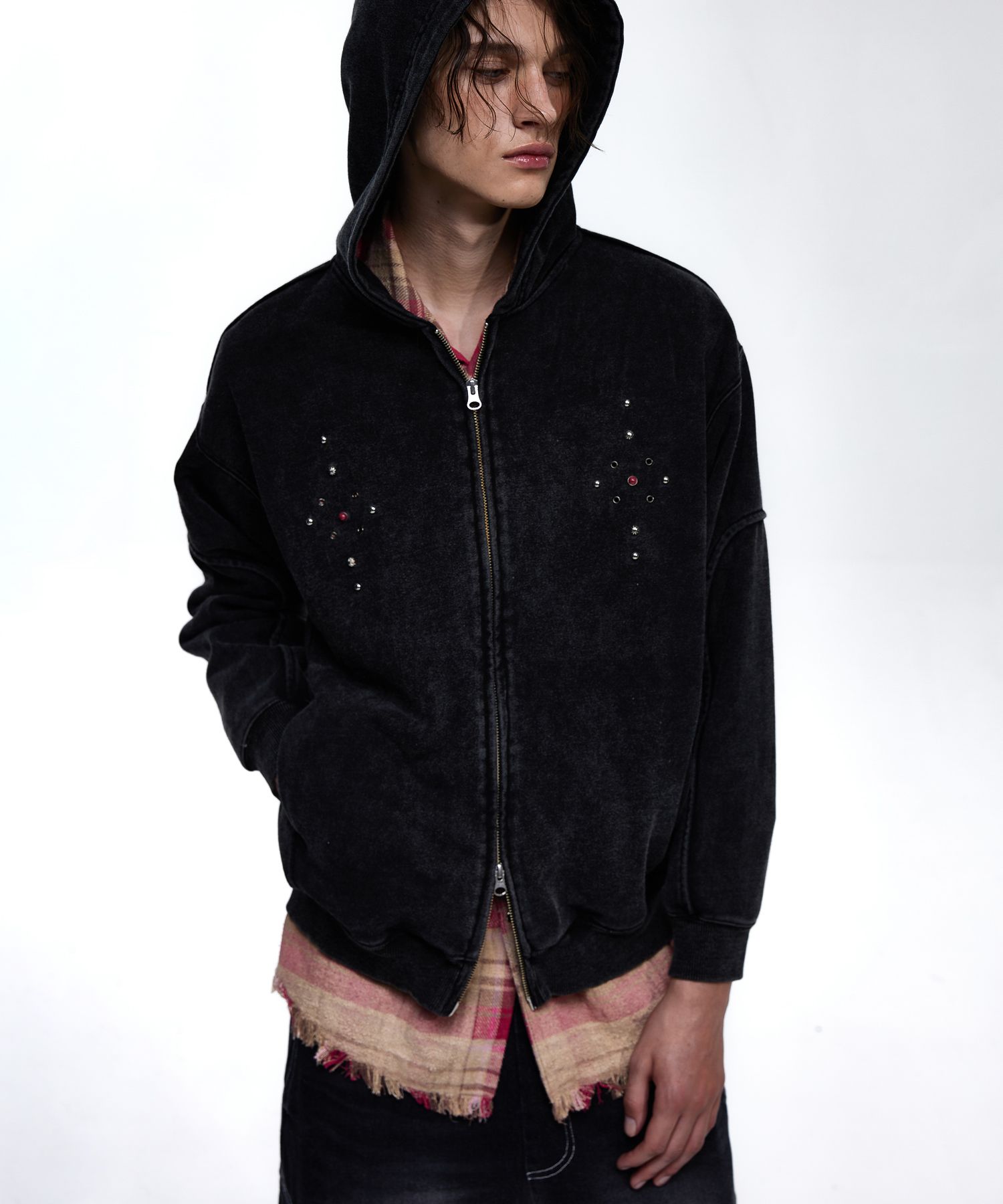 MUSINSA | RSSC RIVET WASHING HOOD ZIPUP - BLACK