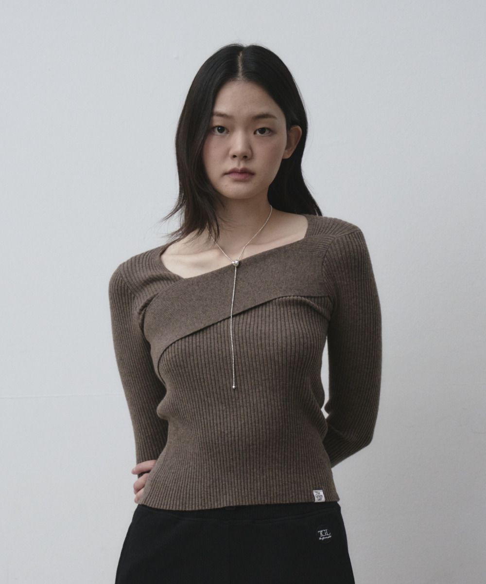 MUSINSA | THE GREEN LAB Diagonal neckline slim rib knit [Cocoa]
