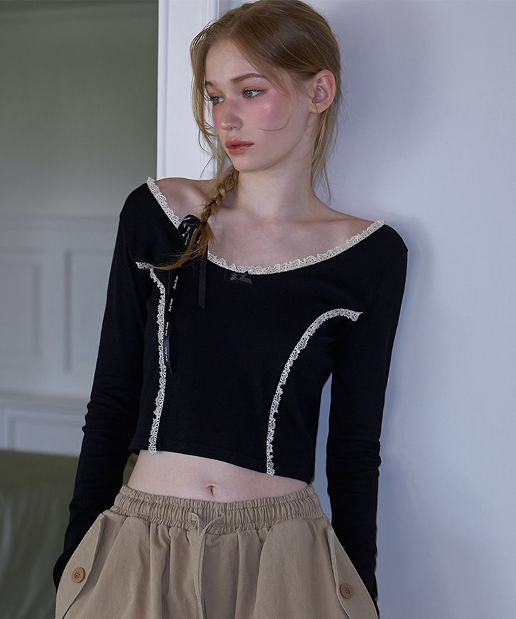 MUSINSA公式 | ROSÉ FRANTZ Lace Ribbon Long sleeve [Black]