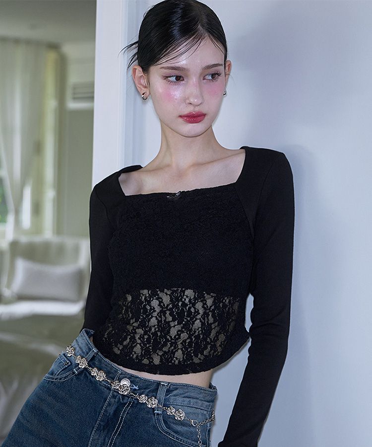 MUSINSA公式 | ROSÉ FRANTZ レースレイヤードロングスリーブ[ブラック]