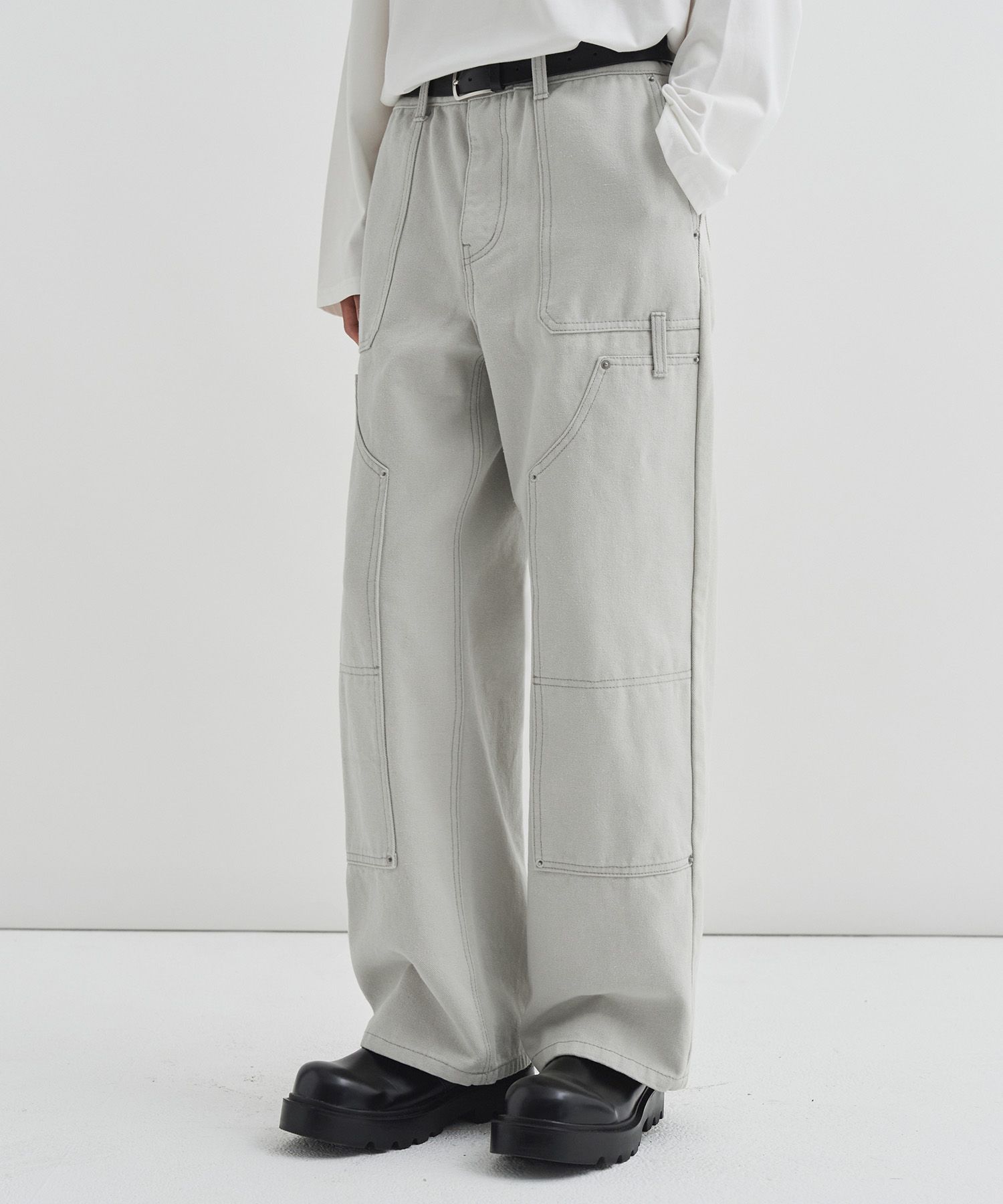 MUSINSA公式 | DRAW FIT WASHED DOUBLE KNEE CARPENT WORK PANTS [LIGHT GREY]