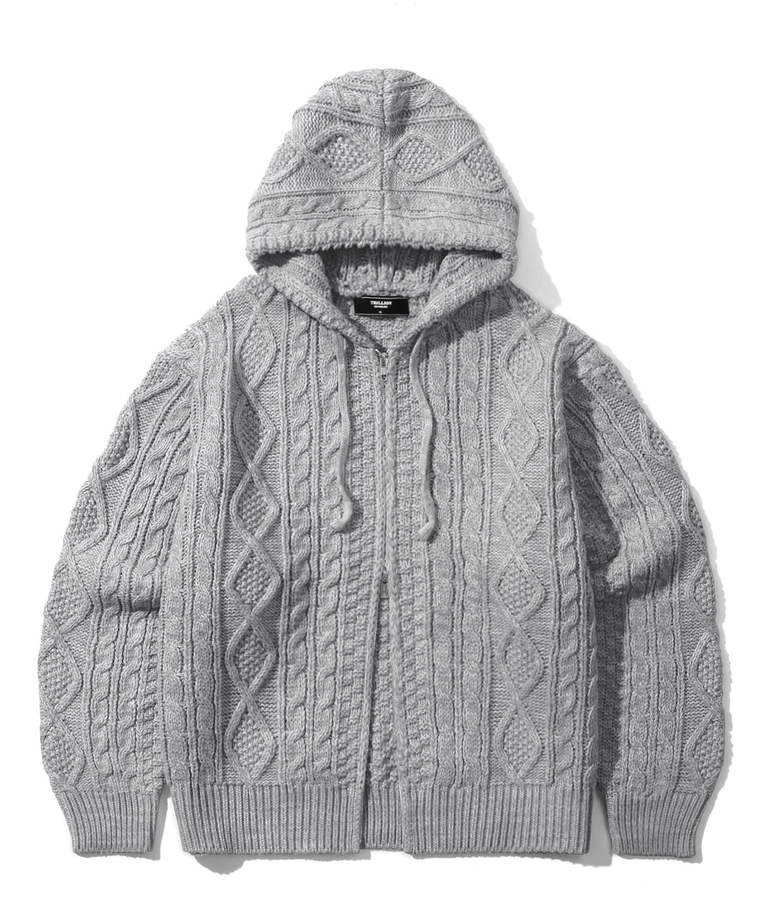 MUSINSA | TRILLION Washable Aran Cable Hood Zip-Up Knit (MELANGE GRAY)
