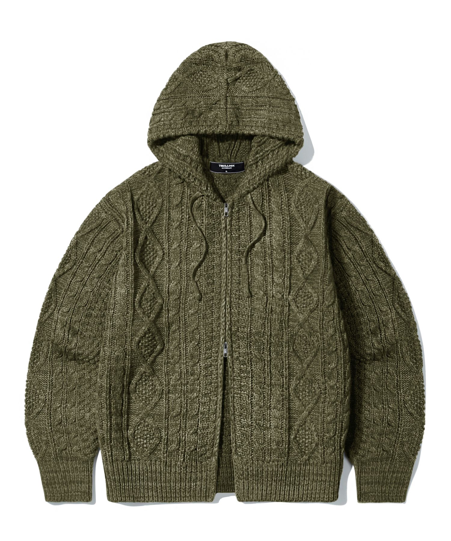 MUSINSA | TRILLION Washable Aran Cable Hood Zip-up Knit (KHAKI)