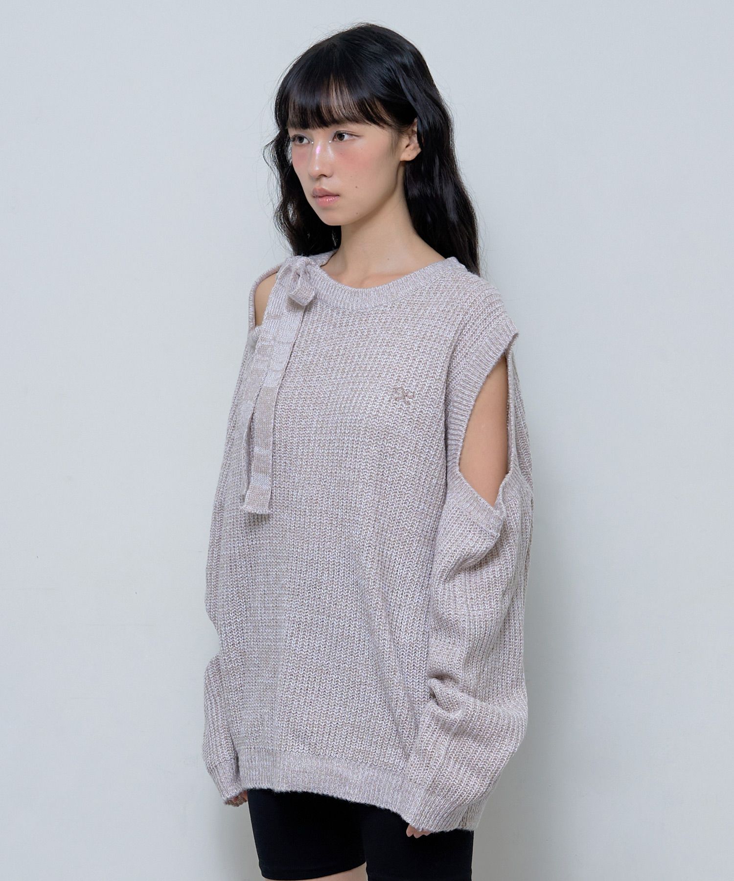 MUSINSA | FANCY CLUB Ribbon One Shoulder Knit (BEIGE)_F24ZB054