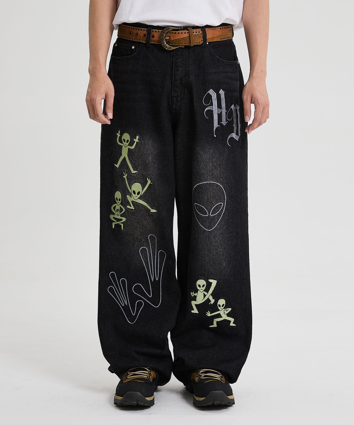 MUSINSA | HOODHOOD HD Alien Multi-Embroidery Denim Pants Black