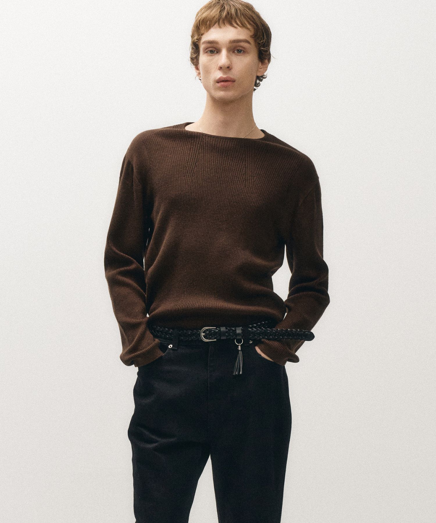 MUSINSA | NOIRER Micro Ribbed Square Neck Knit (Deep Brown)