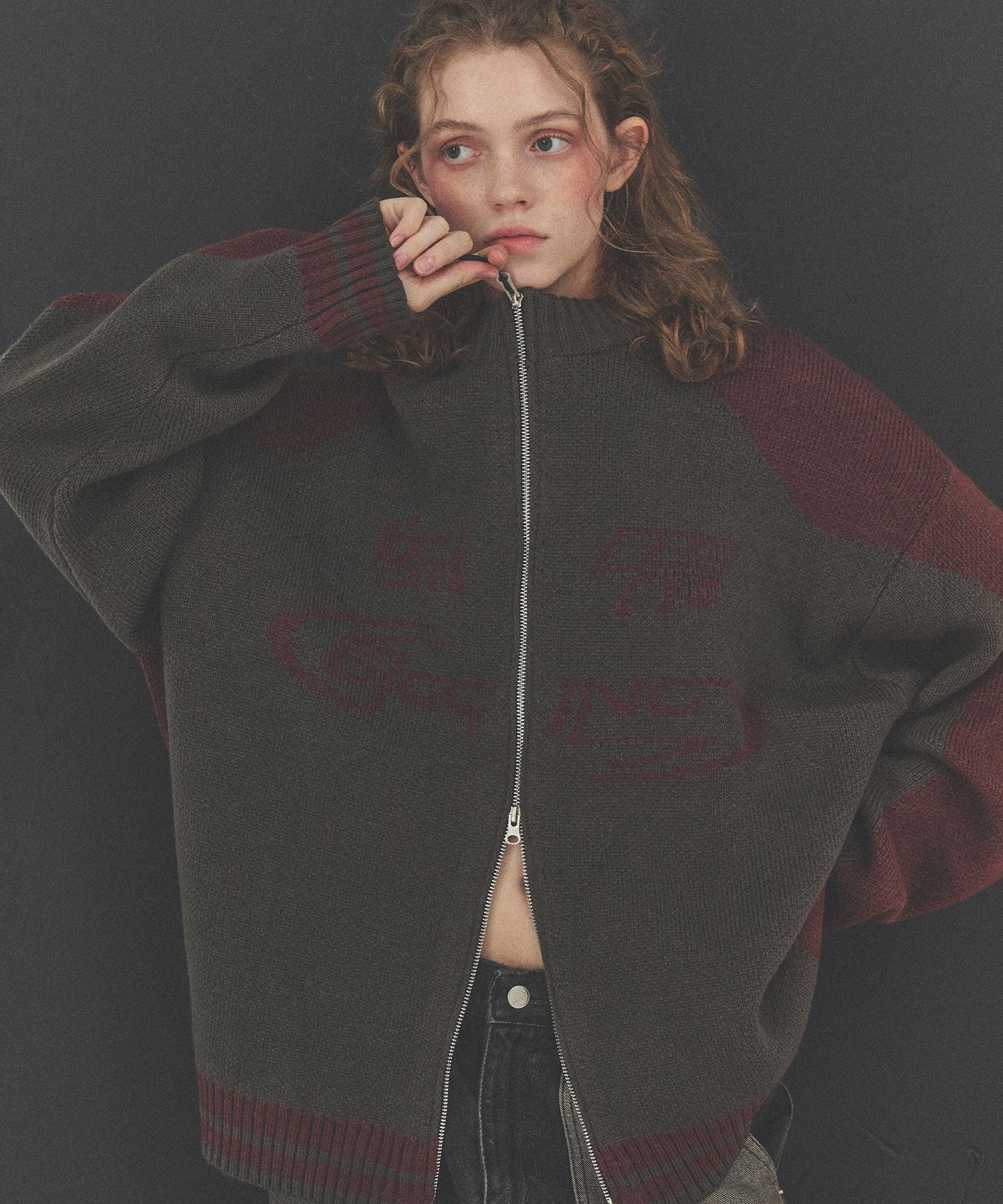MUSINSA | CPGN STUDIO [2-WAY] Curved Block Knit Zip-up Burgundy