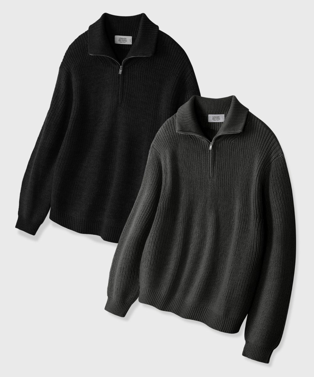 MUSINSA | LEMAIN SECOND [2PACK] OVERFIT VOLUME WASHABLE HALF ZIP-UP HACHI KNIT - BLACK/CHARCOAL