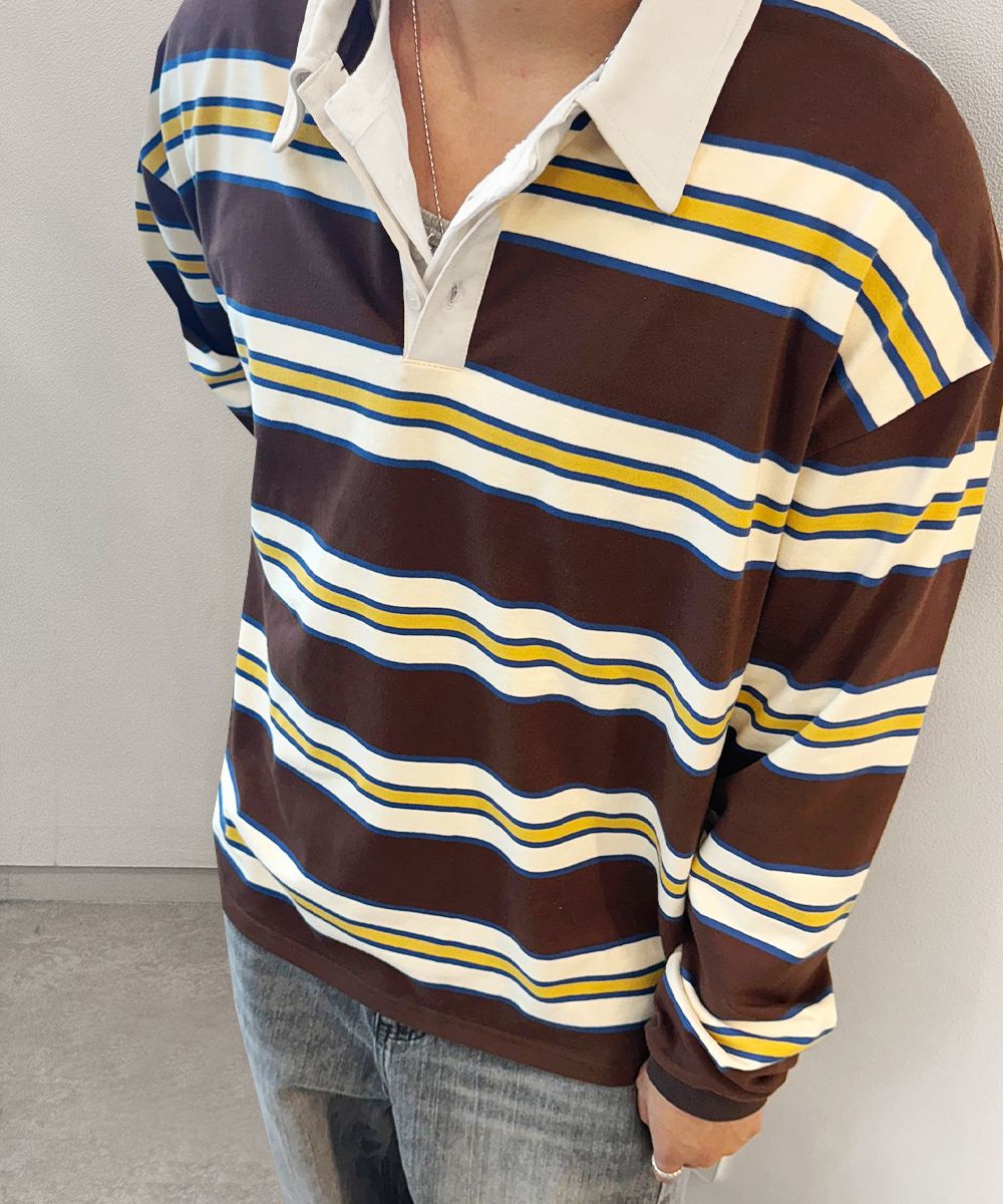 MUSINSA | INTEMPOMOOD Preppy Stripe Rugby T-Shirt_Brown