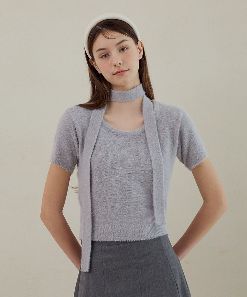 MUSINSA | NODU Hair Half Sleeve Knit Set [Gray]