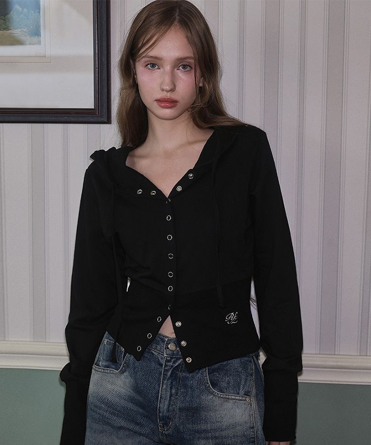 MUSINSA公式 | ROSÉ FRANTZ Eyelet Point Hood Zip-up [Black]