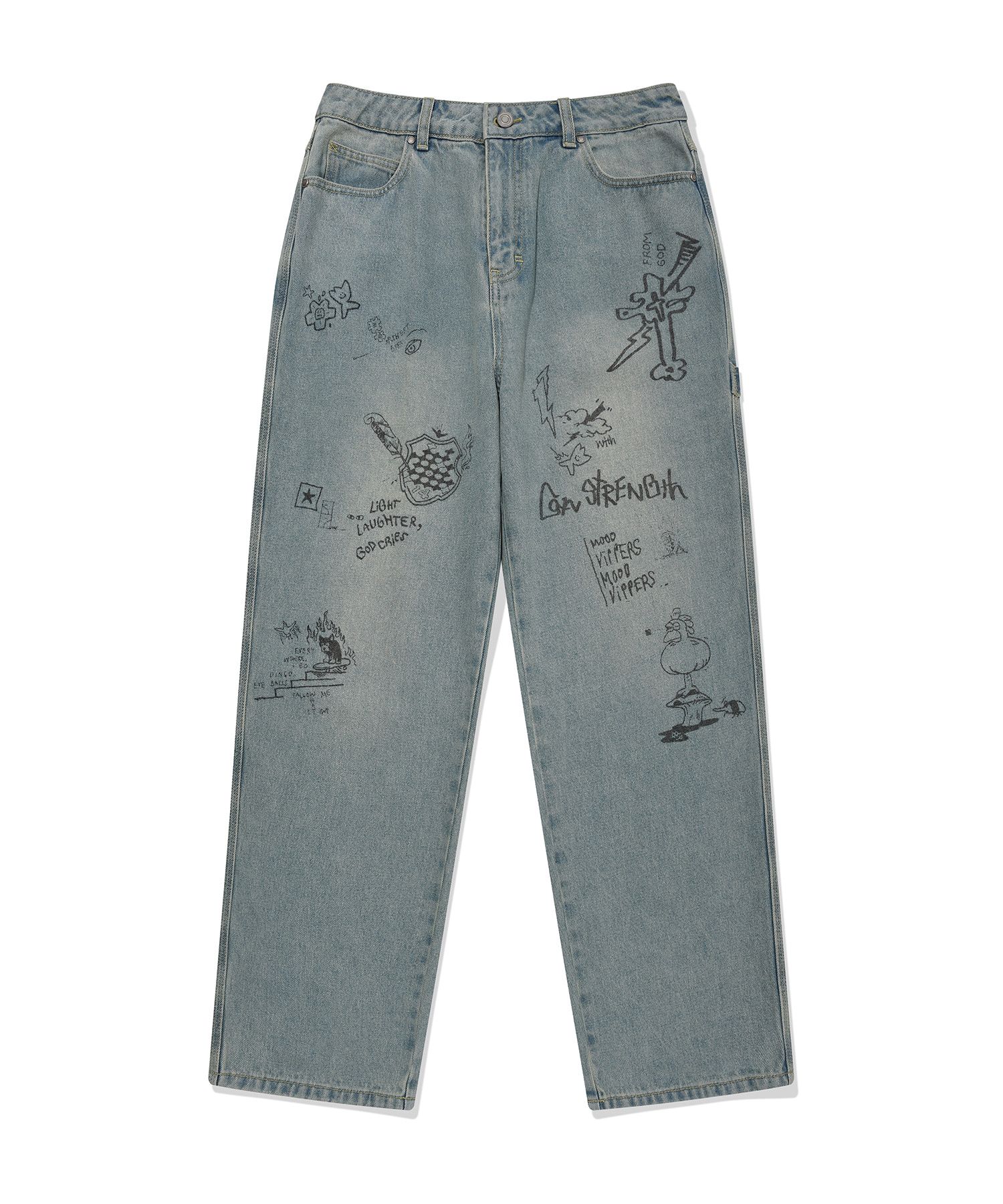 MUSINSA | WACKY WILLY Graphic Denim Pants Blue