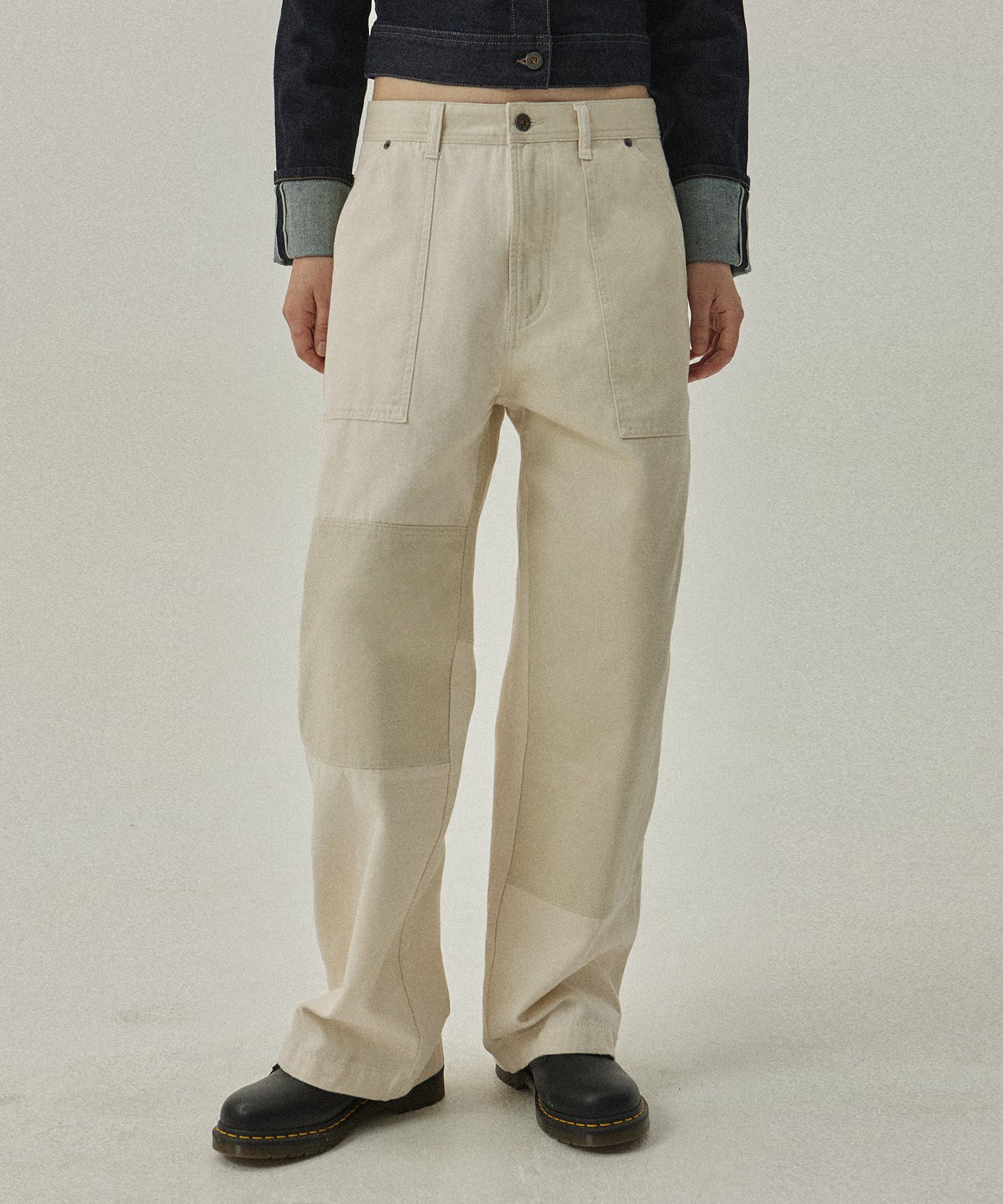 MUSINSA | MAGOODGAN PAVEN 4407 UNBALANCED TAPE WIDE FIT CREAM PATIG PANTS