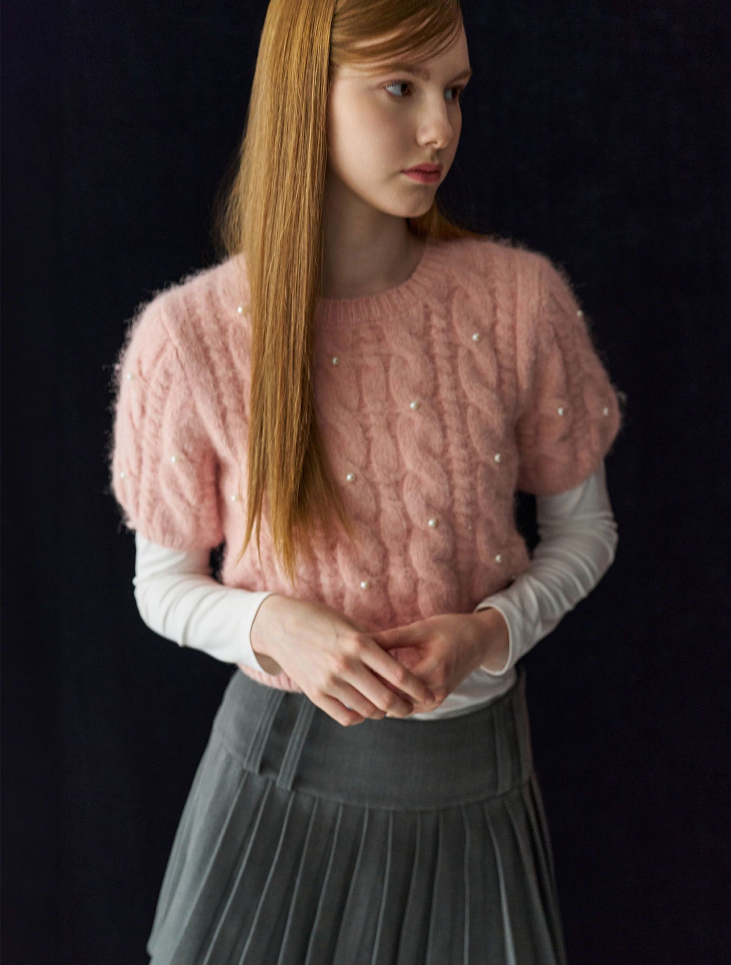 MUSINSA | GENERAL IDEA Cable Pearl Half Knit [PINK] / WBD4L05538