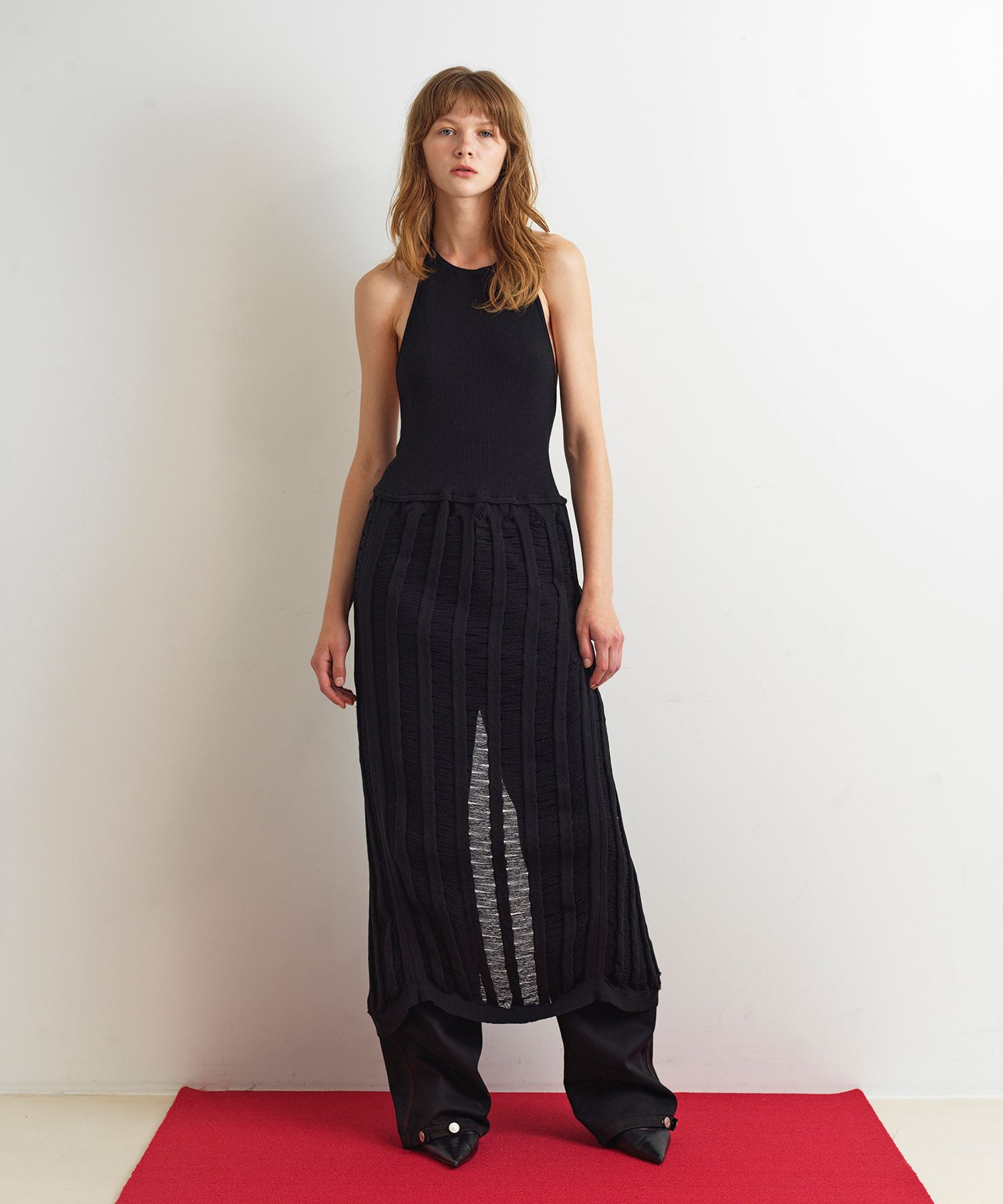 MUSINSA | AOPT LAYERED HALTER NECK KNIT DRESS - BLACK