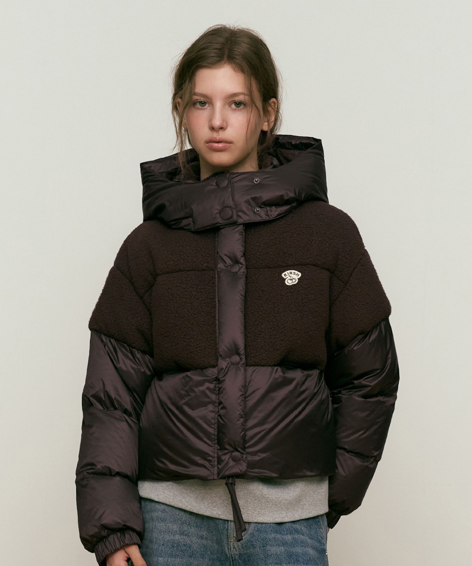 MUSINSA | KIRSH Arch Cherry Fleece Mix Crop Down Jumper [Dark Brown]