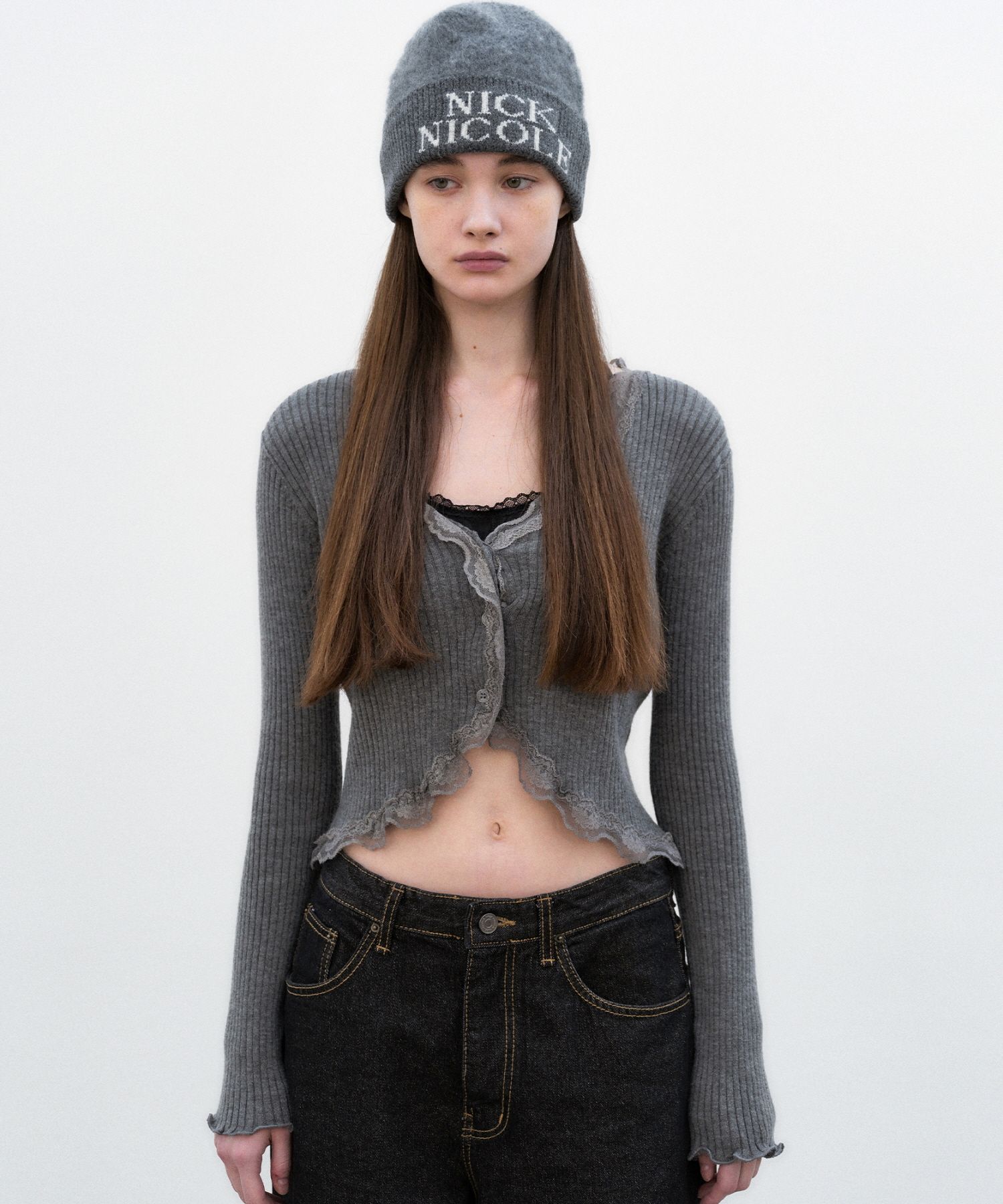MUSINSA公式 | NICK&NICOLE LACE FRILL ESSENTIAL CROP CARDIGAN_GRAY