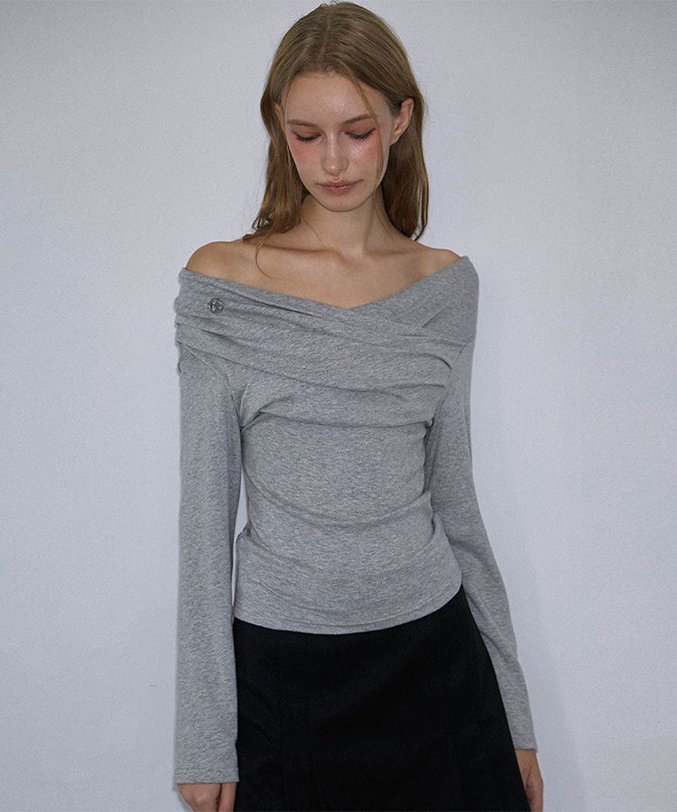 MUSINSA公式 | ROSÉ FRANTZ Wrap Off Shoulder Long Sleeve [Gray]