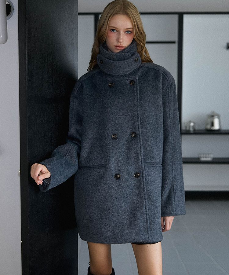 MUSINSA公式 | ROSÉ FRANTZ High Neck Half Coat [Charcoal]