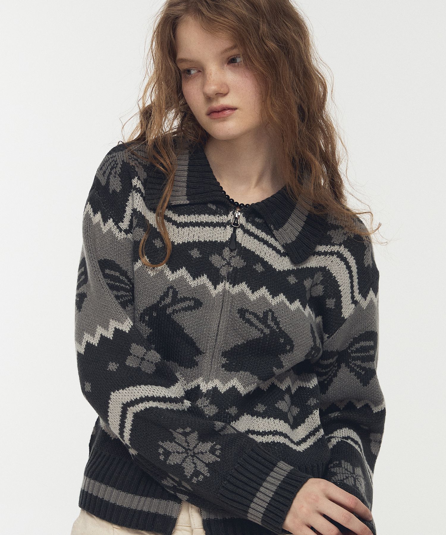 MUSINSA | CPGN STUDIO [2-WAY] Bunny Crop Zip-up Knit Charcoal