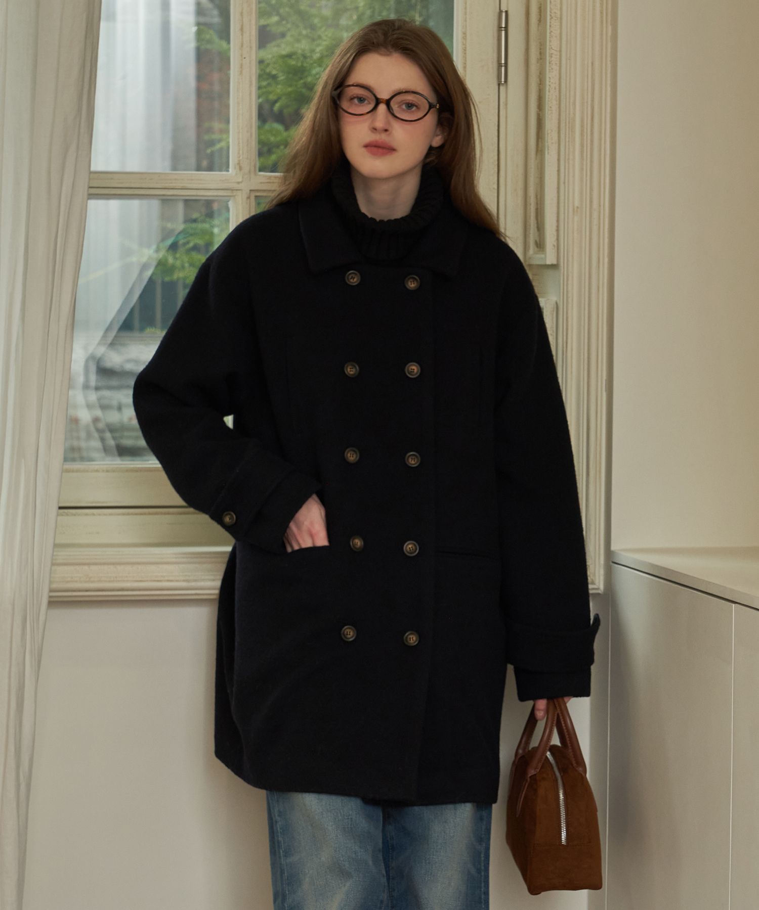 MUSINSA | LETTER FROM MOON Noah Double Button Buckle Half Coat (Navy)