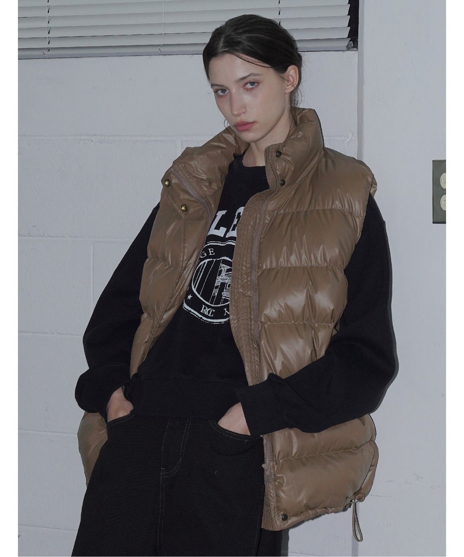 MUSINSA | WISHED Loose fit half neck pocket string zip-up padded vest ...