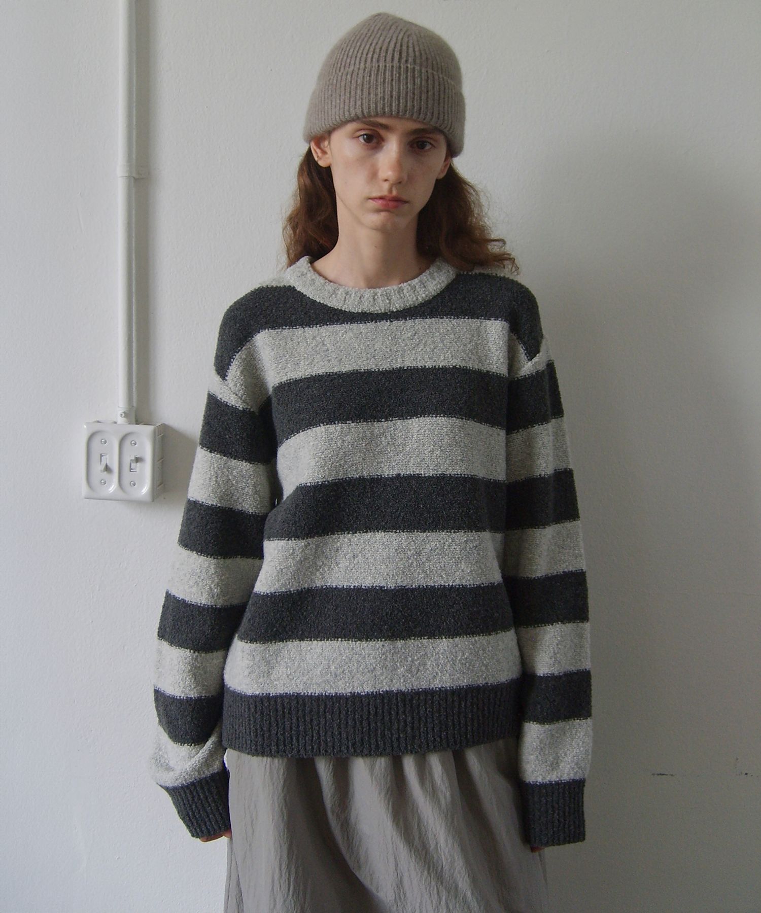 MUSINSA | EN OR STRIPE BOUCLE KNIT SWEATER - GREY