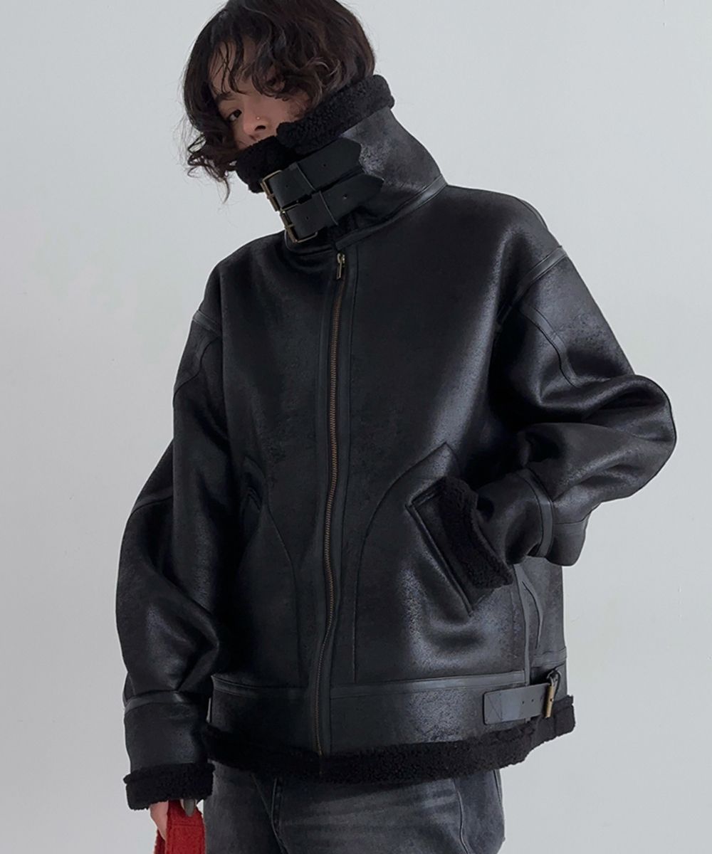 MUSINSA | THE GREEN LAB FAUX Leather Sherpa Mustang Jacket [Black]
