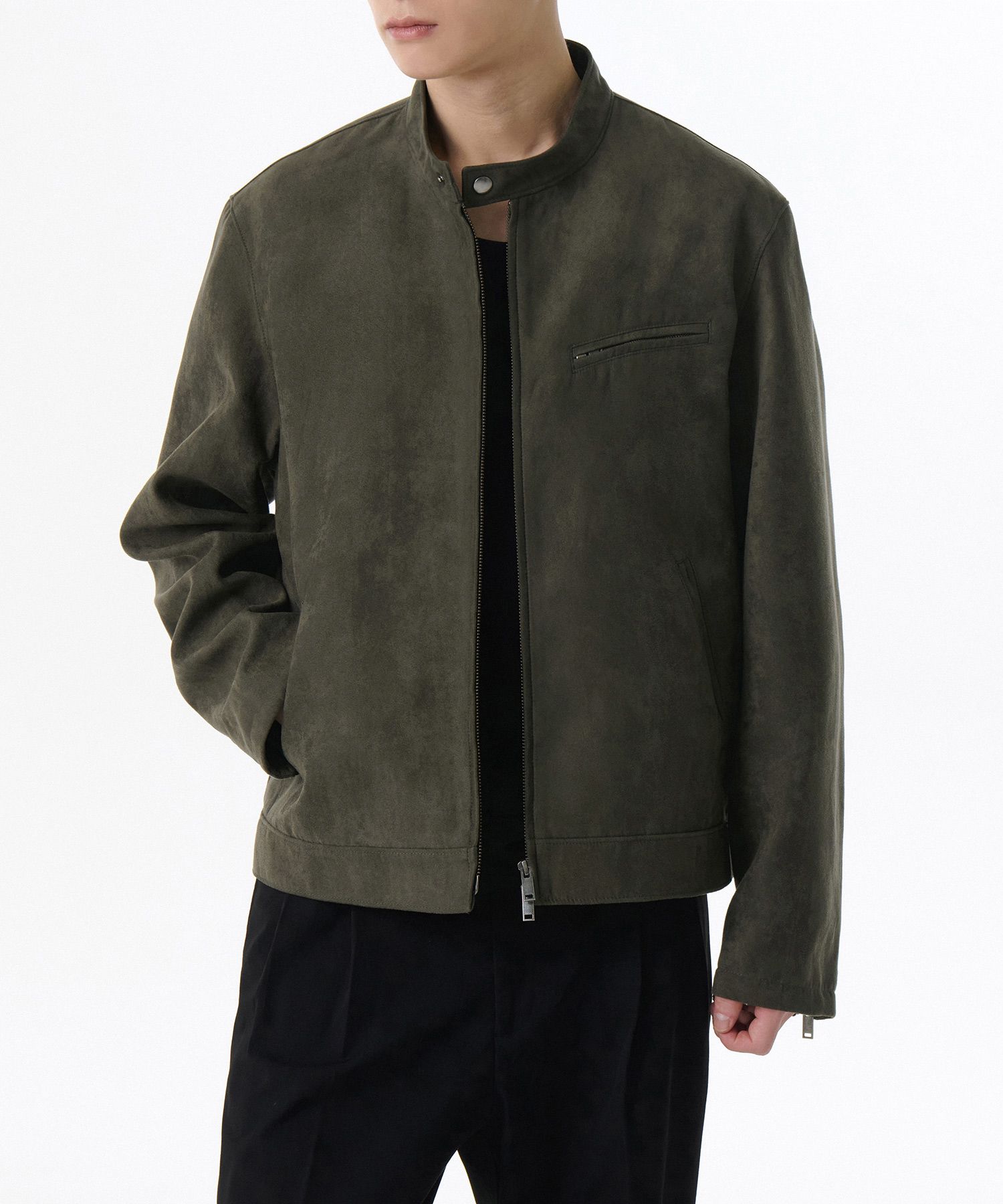 MUSINSA | MUSINSA STANDARD Synthetic Suede Racer Jacket [Dusty Khaki]