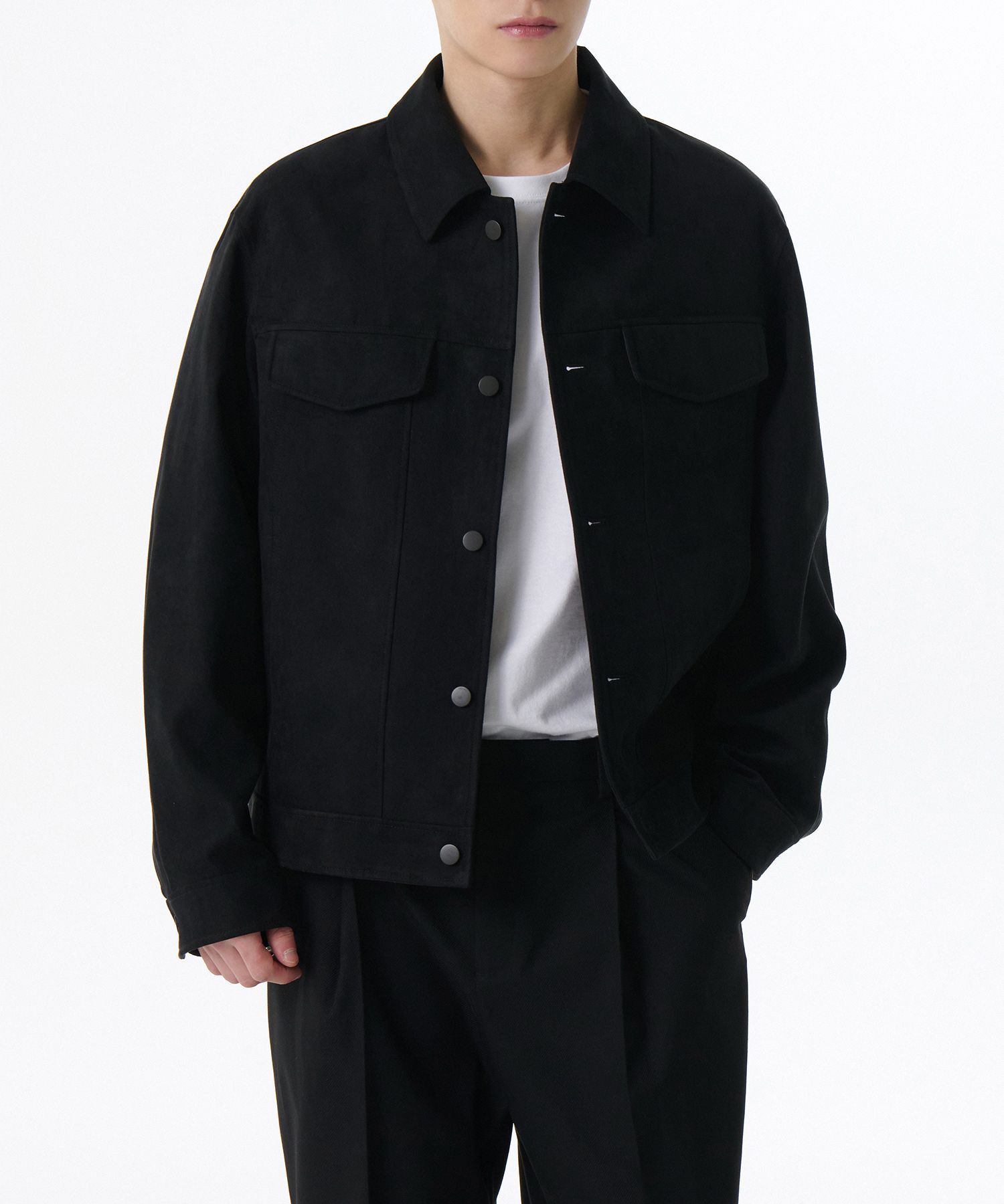 MUSINSA | MUSINSA STANDARD Synthetic Suede Minimal Trucker Jacket [Black]