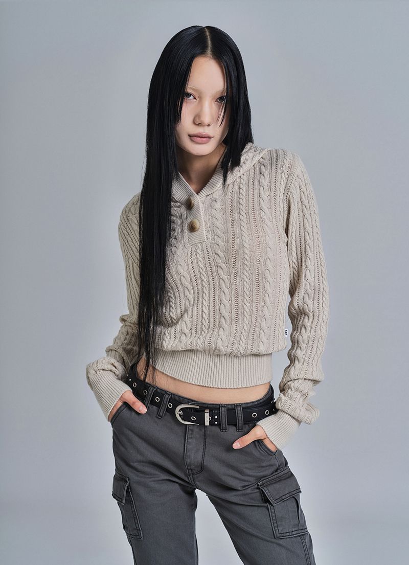 MUSINSA | ASON CABLE HOOD SNAP KNIT / IVORY