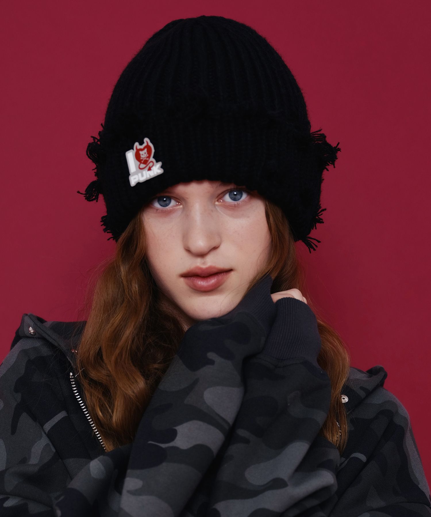 MUSINSA | KEEMHII Distressed Punk Badge Beanie - [Black]