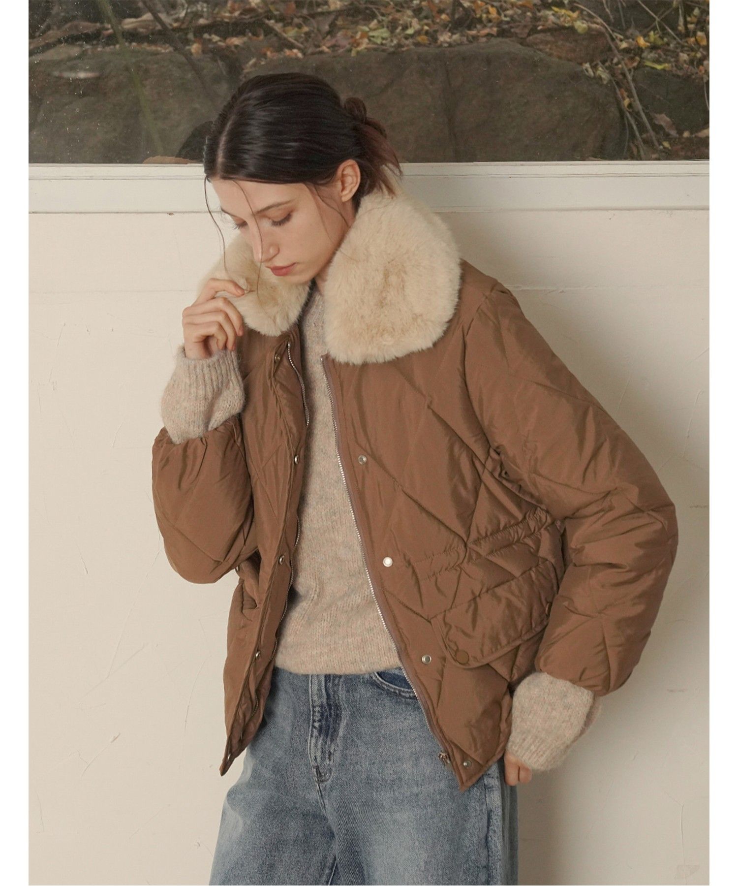 MUSINSA | WISHED Caraneck Fur Diamond String Half Padding Jumper (WIBDJP020)