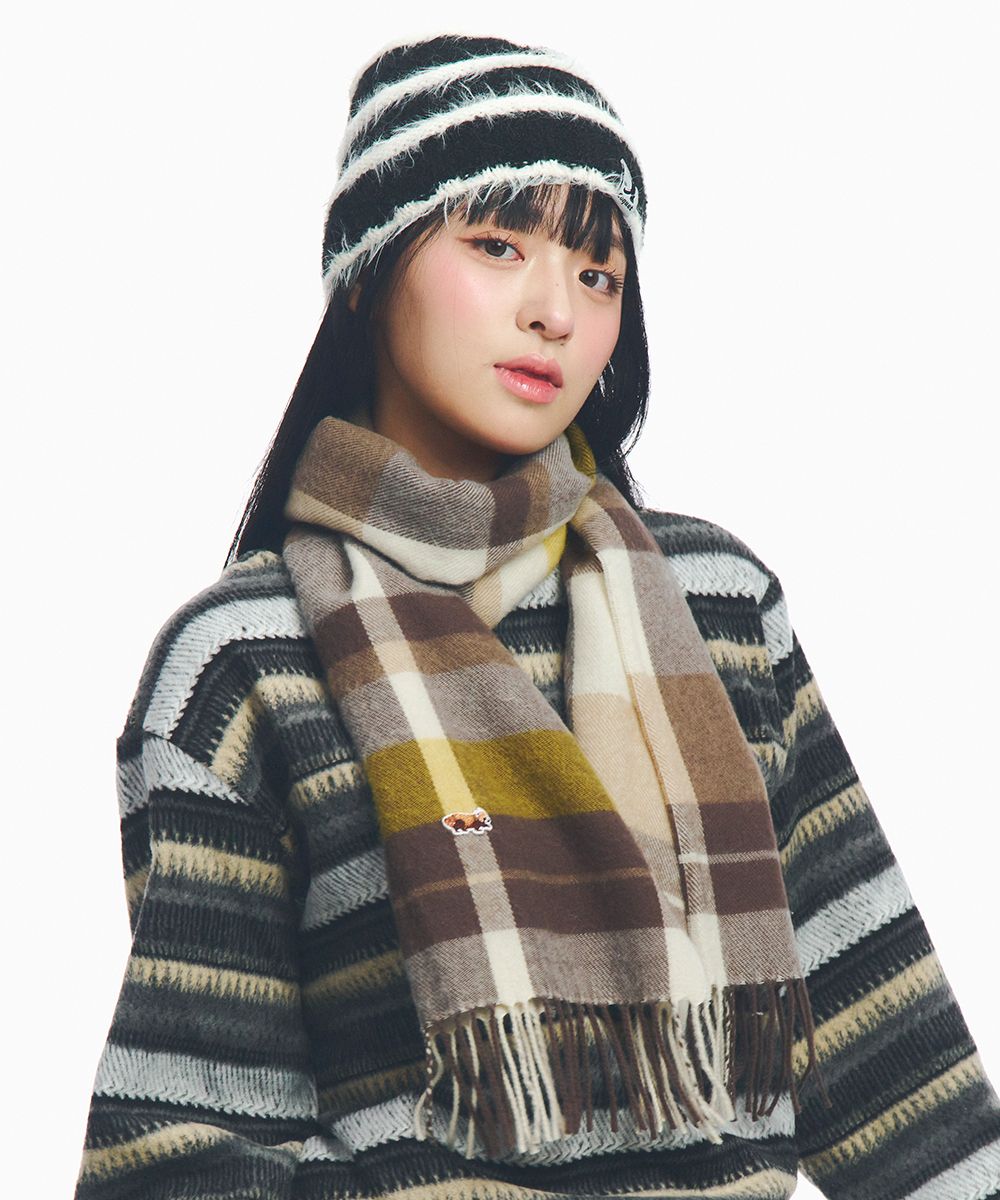 MUSINSA | COQUET BABY LESSER PANDA PATCH CHECK MUFFLER BROWN YELLOW